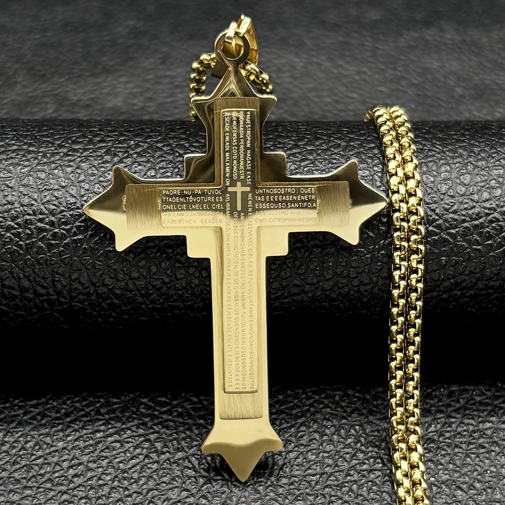 Big Bible Jesus Cross Pendant Necklace for Women Men 14K Yellow Gold ...