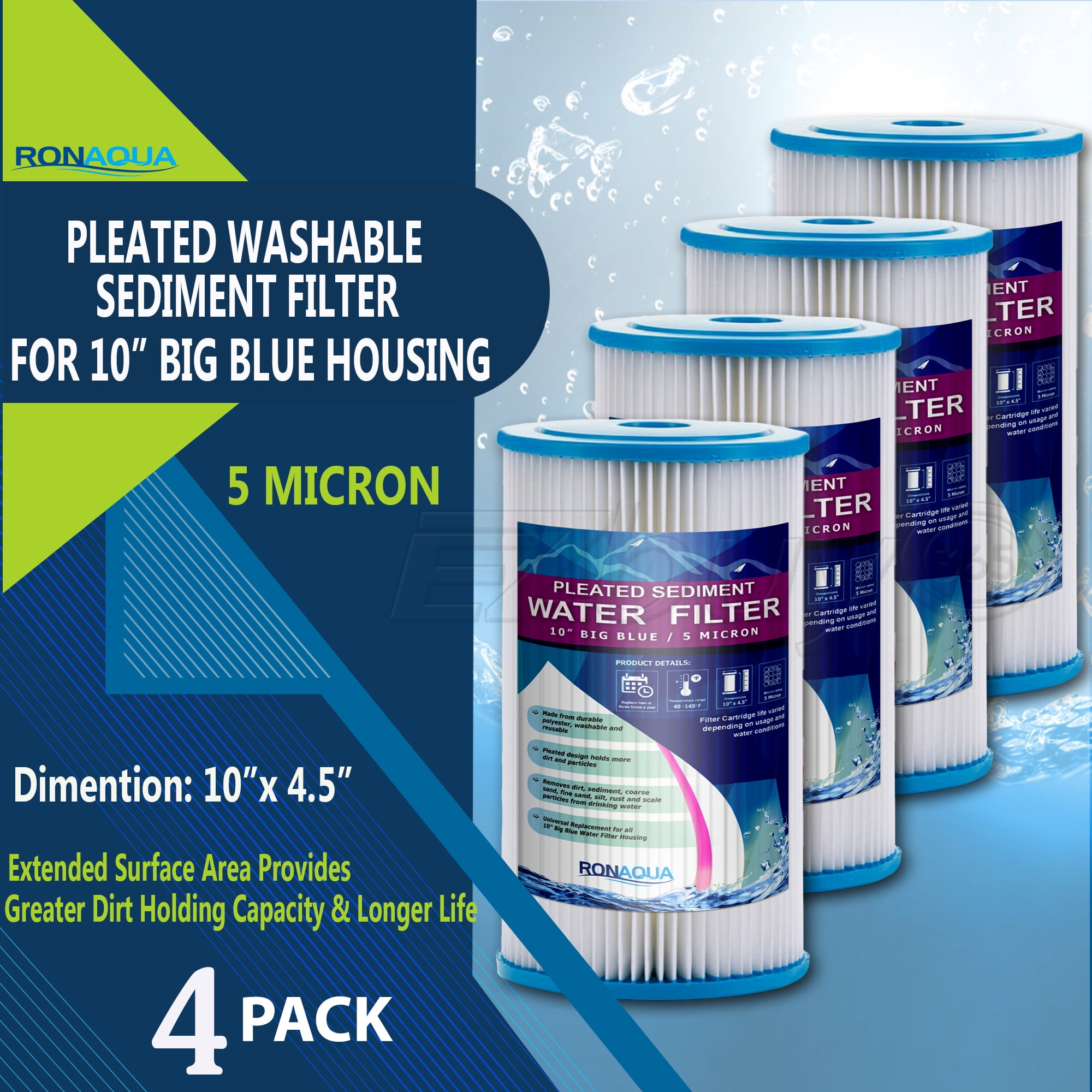 Big Blue Pleated Washable & Reusable Sediment Filter 5 Micron Amplified ...