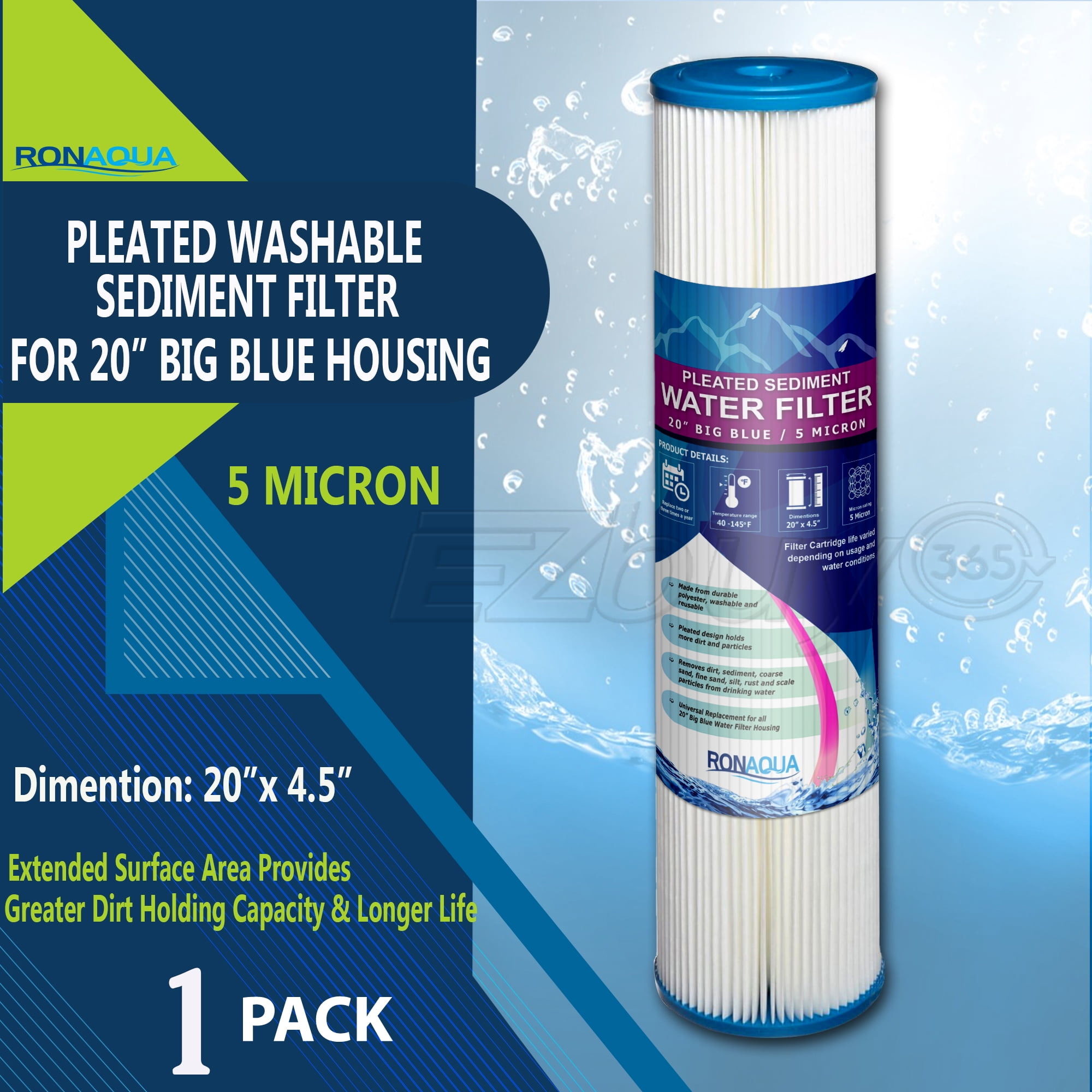 Big Blue Pleated Washable & Reusable Sediment Filter 5 Micron Amplified ...