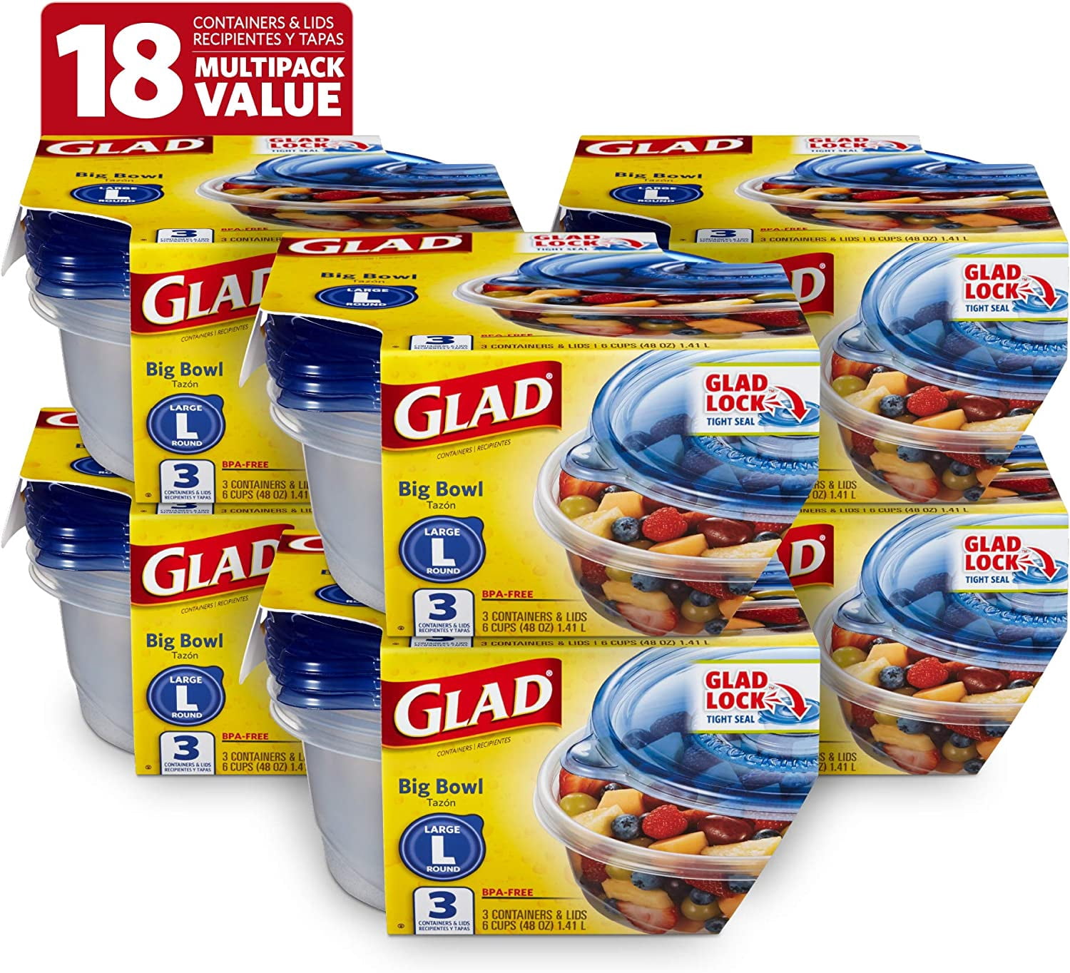 Big Bowl Food Storage Containers, Large Round - (48 Oz) - 3 Count ...