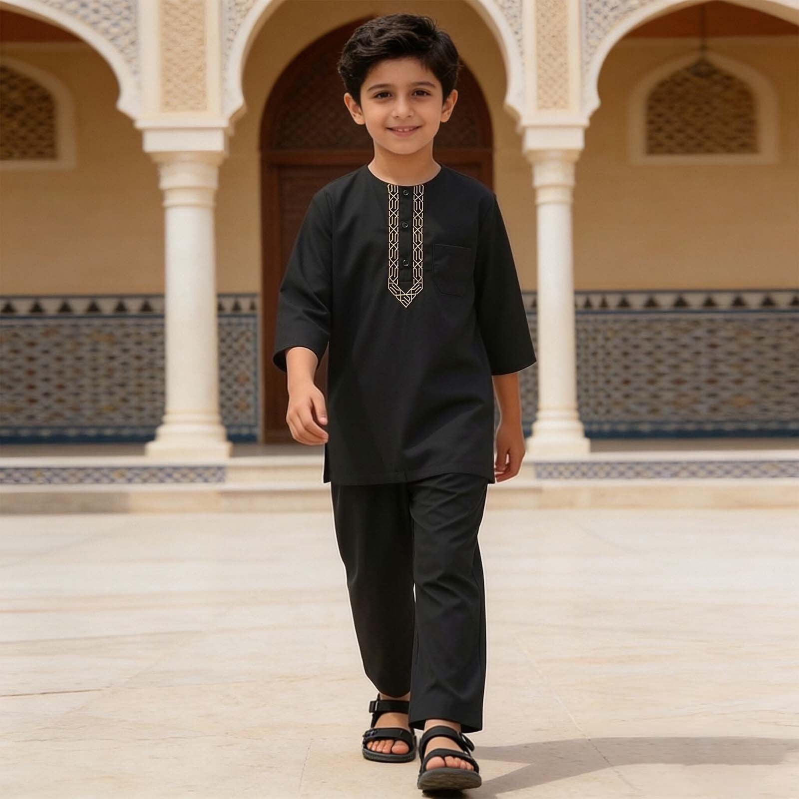 Big Boys Arabian Thobe Robe with Pants Set Middle Eastern Muslim Kaftan ...