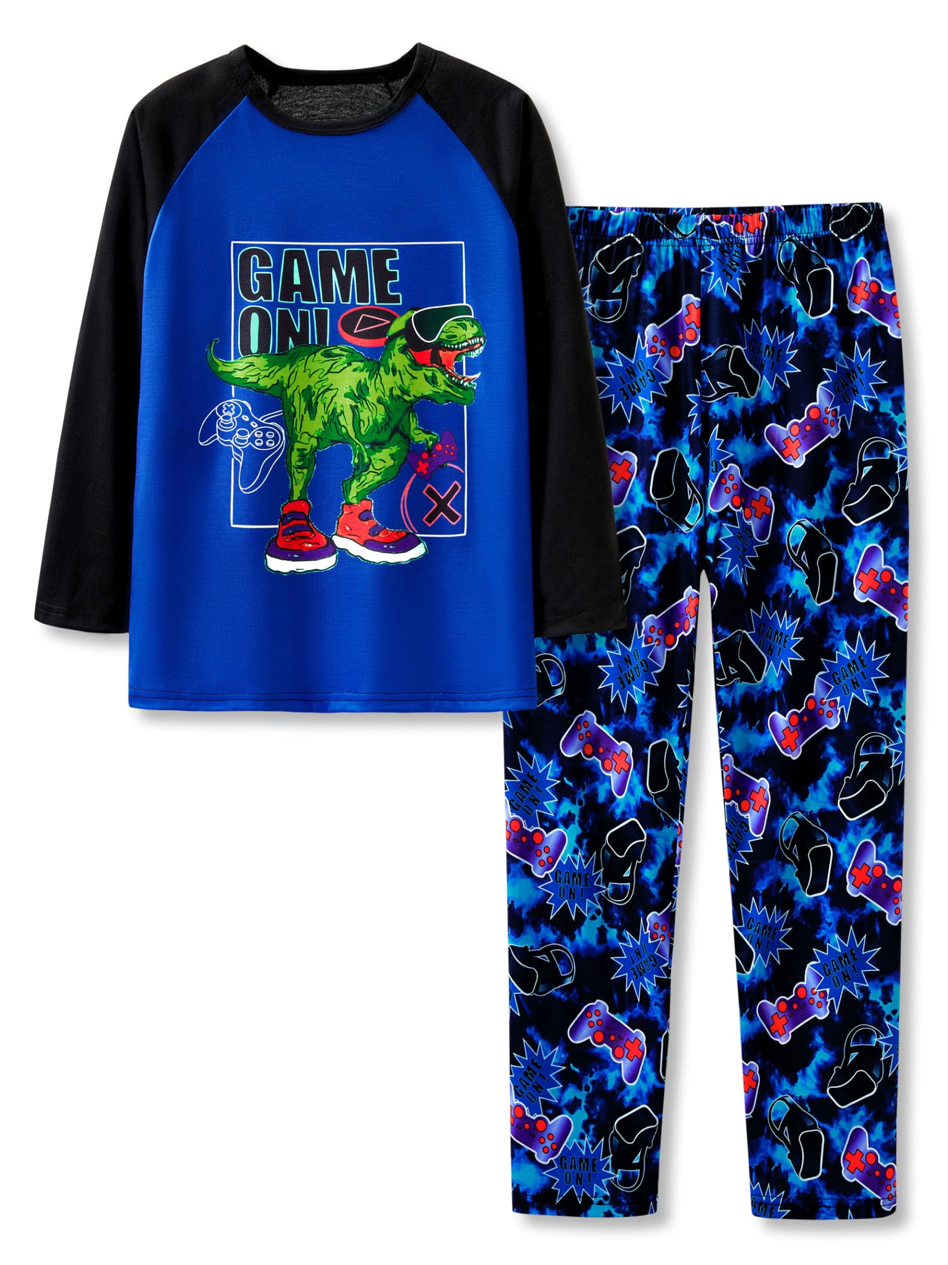 Beezizac Big Boys Dino & Gamer Pajamas 2-Piece Long Sleeve PJ Set Kid ...