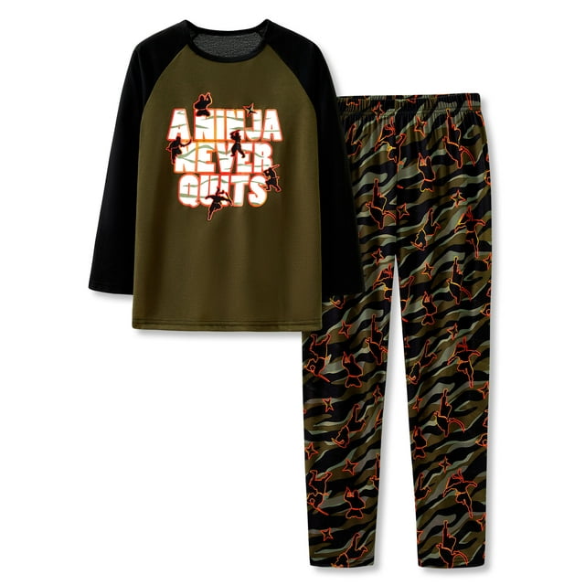 Big Boys Pajamas Olive Green Ninja 2-Piece Long Sleeve PJ Set Children ...