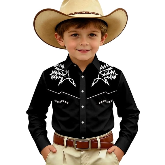 Big Boys Shirts Long Sleeve Western Print Cowboy Style Casual Button Up ...