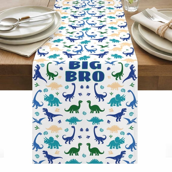 Big Bro Cotton Linen Table Runner Cartoon Green Blue Yellow Dinosaurs ...