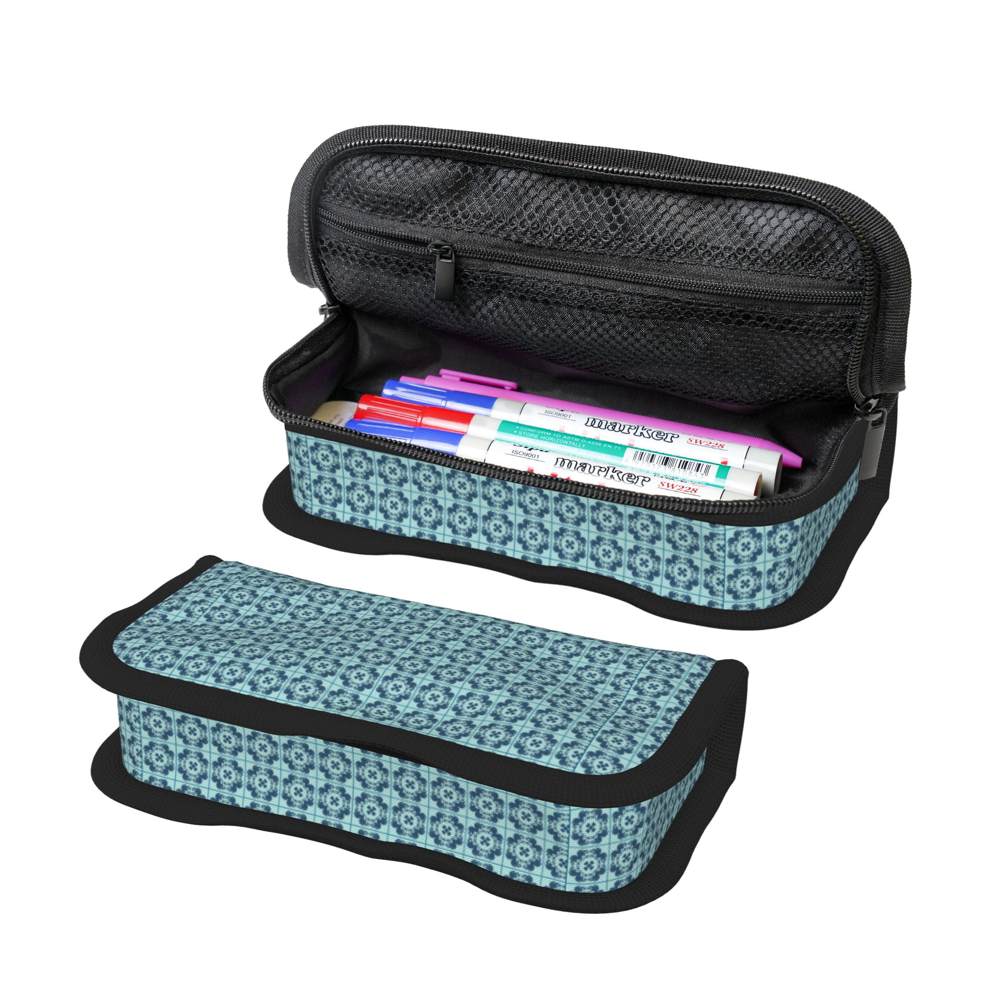 Big Capacity Pencil Case Blue Flower Pattern Background Canvas Bag Pen ...