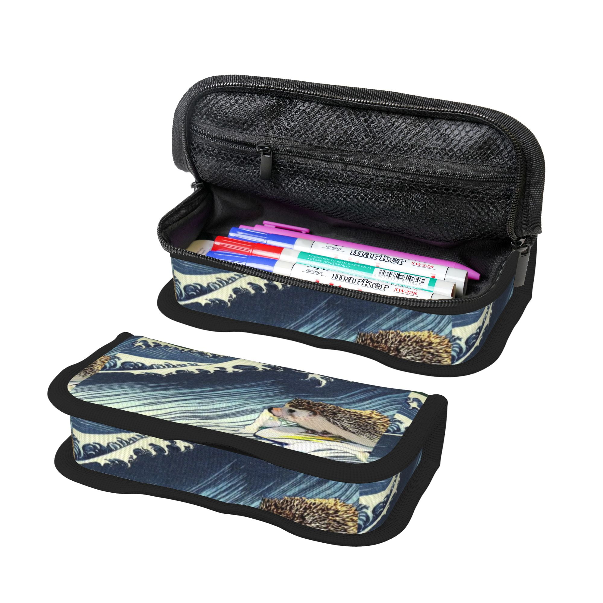Big Capacity Pencil Case Cool Hedgehog Surfing Great Wave Canvas Bag ...