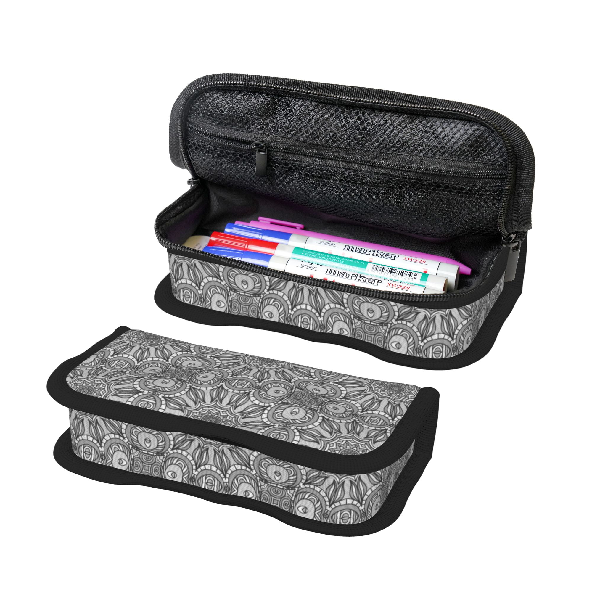 Big Capacity Pencil Case Grey Mandala Seamless Pattern Canvas Bag Pen ...