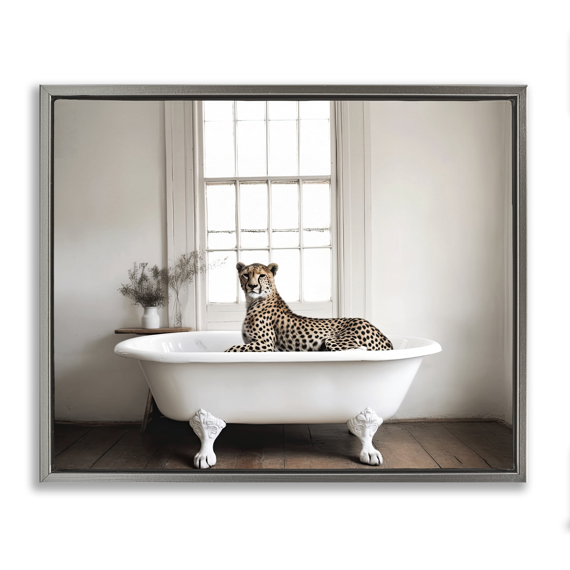 Stupell Industries Big Cat Cheetah Bath Time Gray Framed Floater Canvas ...
