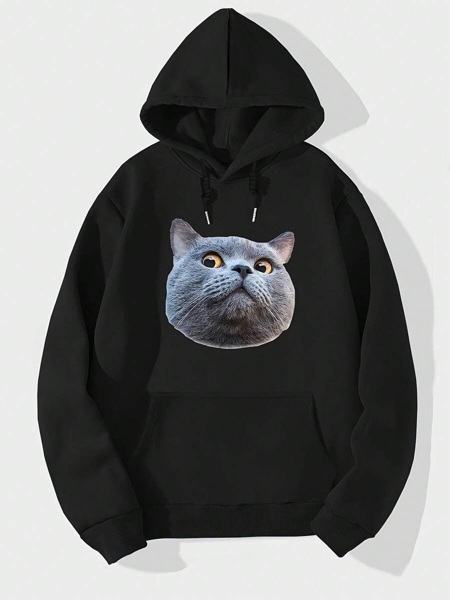 Big Cat Head Print, Men's Casual And Cozy Hoodies, Long Sleeve Hooded ...