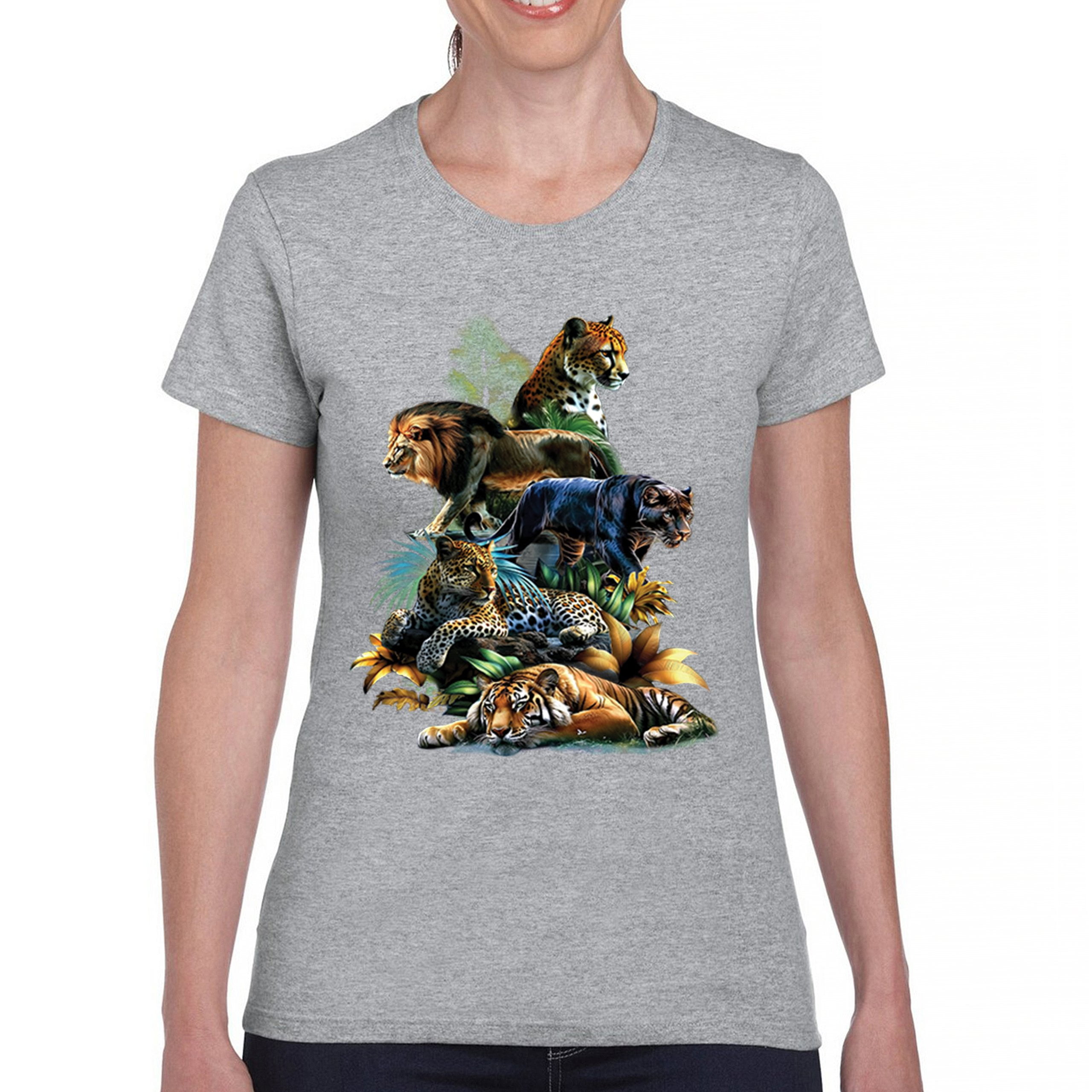 Big Cats Jungle Collage T-Shirt Lion Tiger Panther Leopard Wild Animal ...