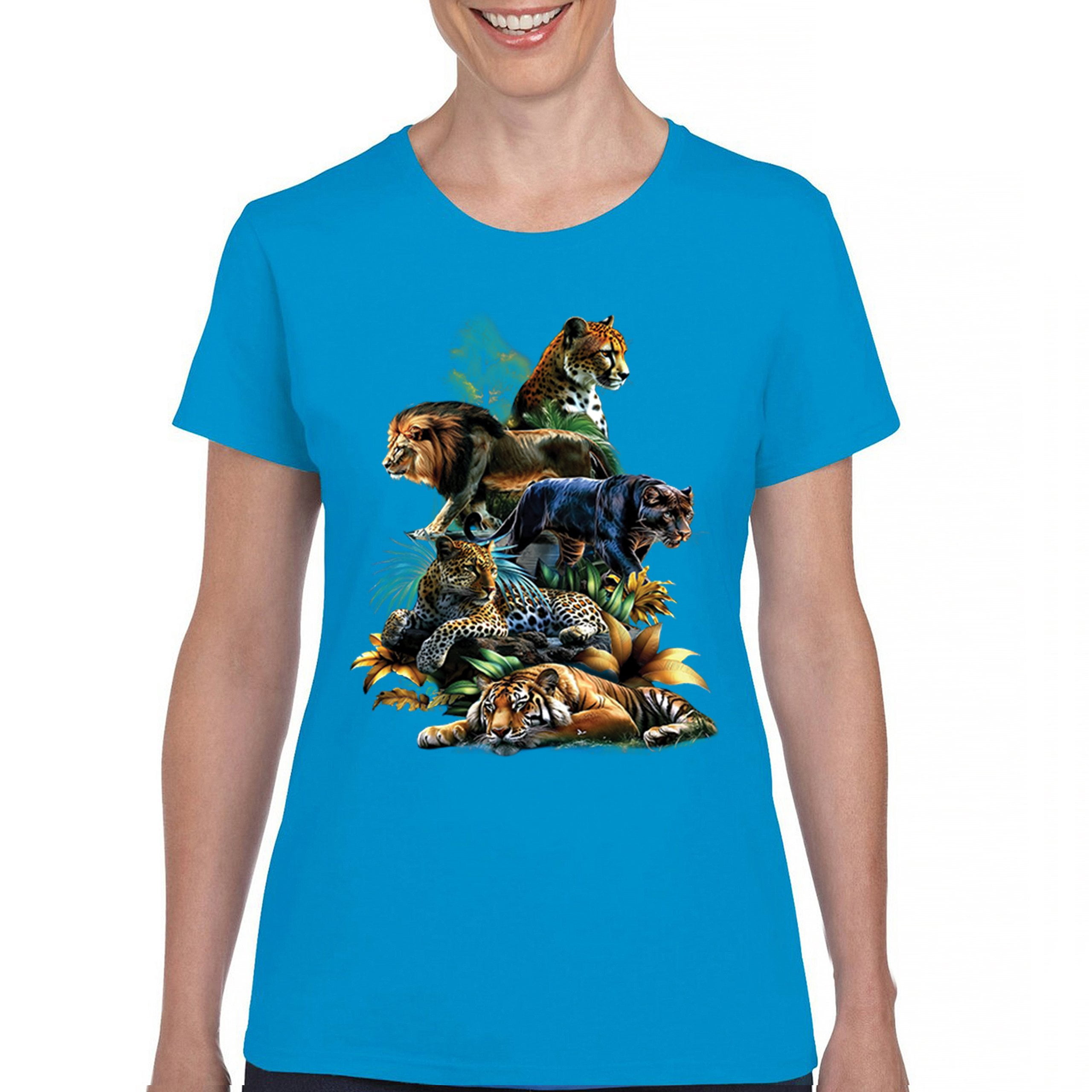 Big Cats Jungle Collage T-Shirt Lion Tiger Panther Leopard Wild Animal ...