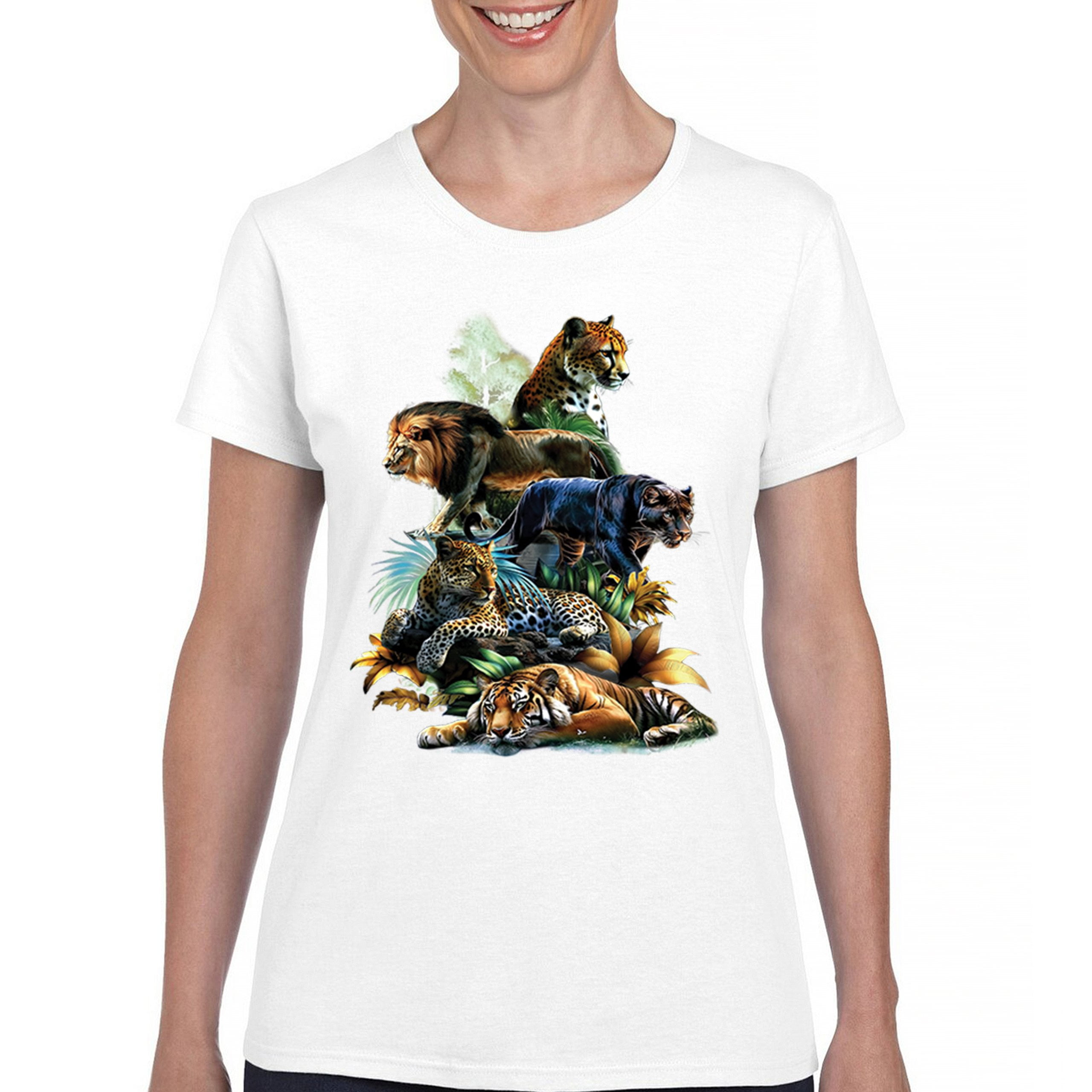 Big Cats Jungle Collage T-Shirt Lion Tiger Panther Leopard Wild Animal ...
