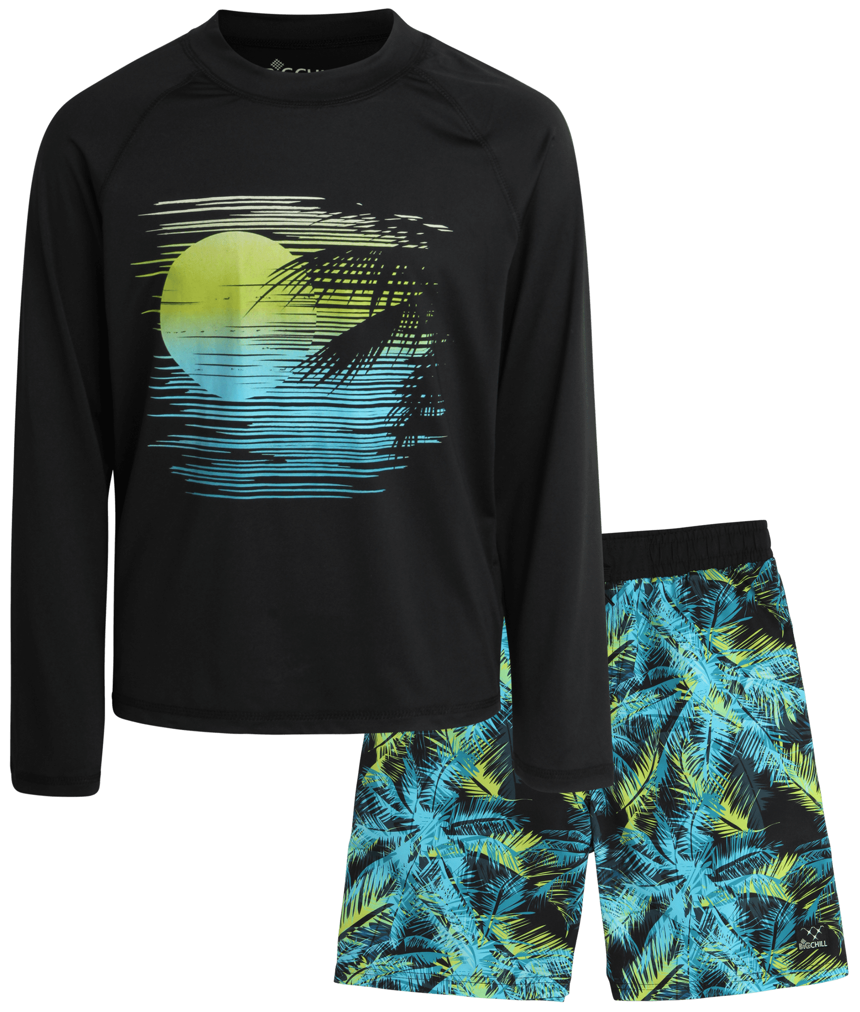 Big Chill Rash Guard Swim Set, Size 8, Black Palm Sunset (Boy's ...