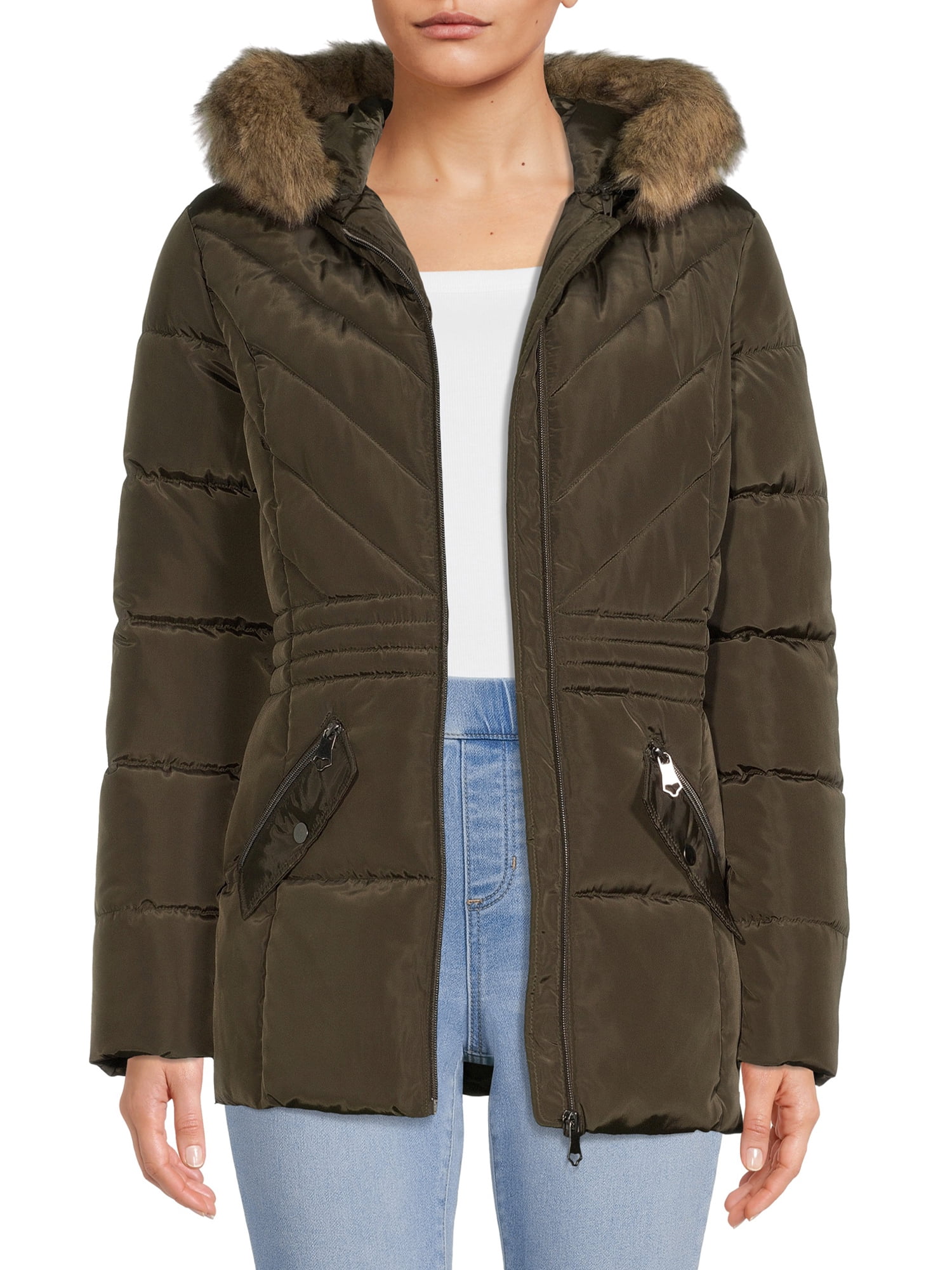 Big Chill Women's Quilted Puffer Jacket with Faux Fur Trim Hood ...