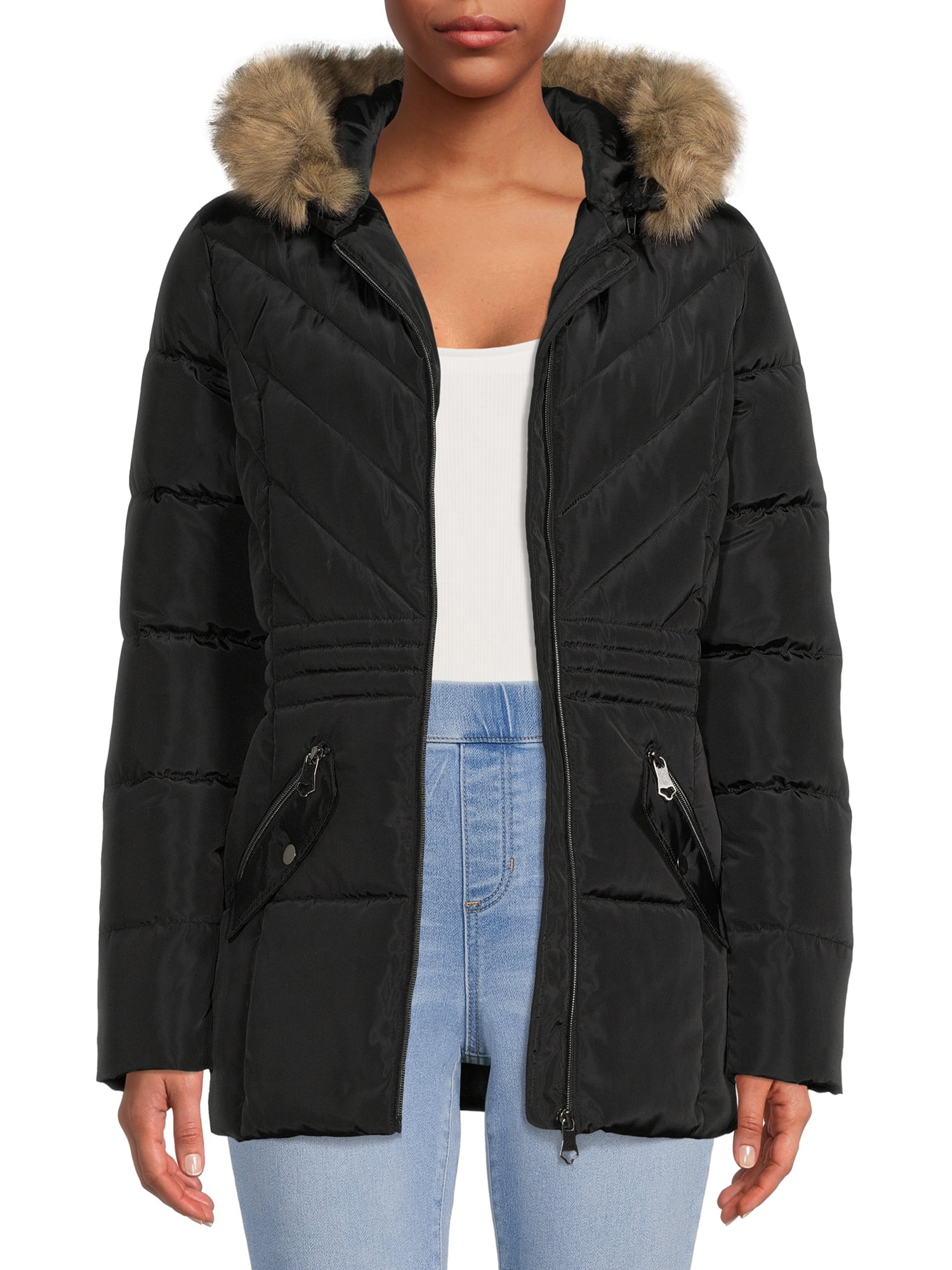 Big Chill Women's Quilted Puffer Jacket with Faux Fur Trim Hood ...