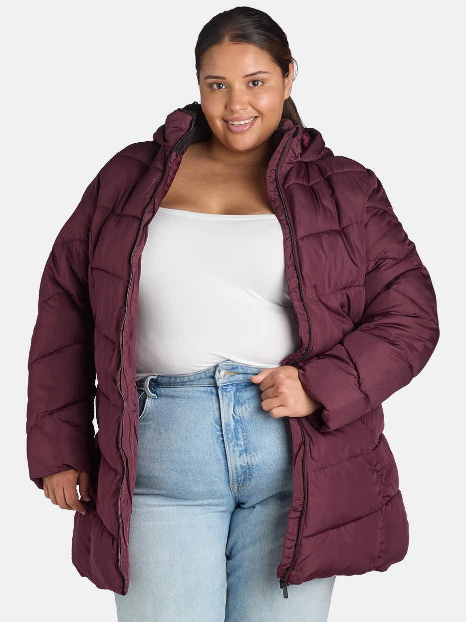 Big Chill Women's Plus Chevron Quilted Puffer Jacket with Hood, Water ...
