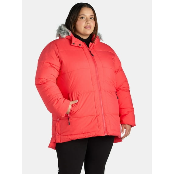 Big Chill Women's Plus Quilted Puffer Coat with Faux Fur Hood, Sizes S ...