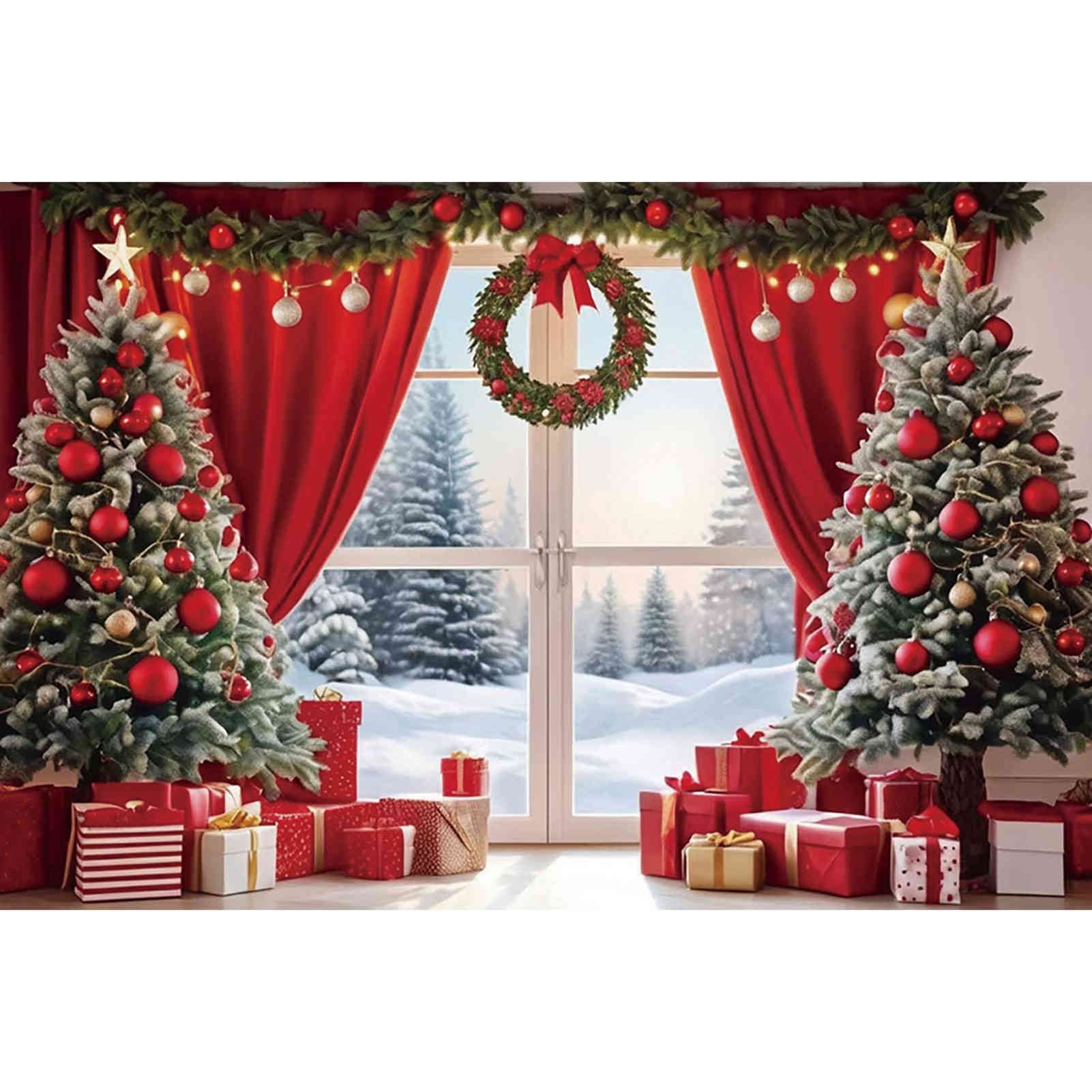 Big Christmas Tree Photography Backdrop Gift Red Curtain Wreath Garland ...