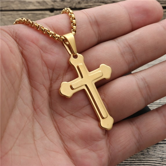 Big Cross Necklace Men 14K Yellow Gold Pendant Personality Multilayer ...
