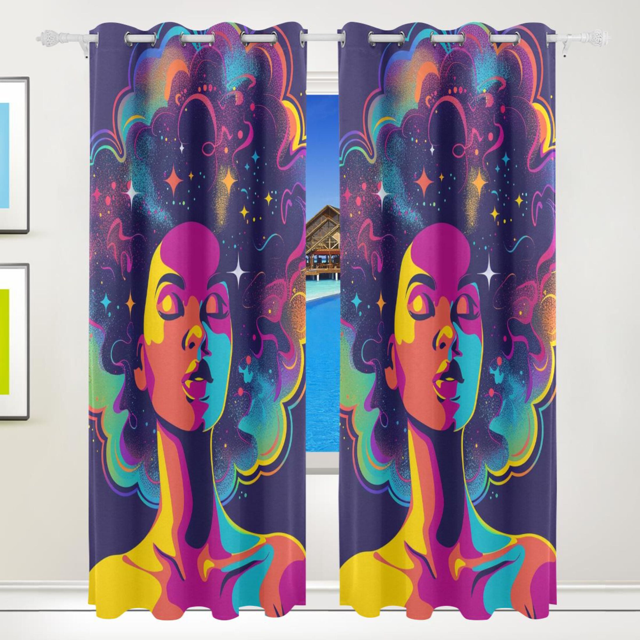 Big Curly Hair Woman Blackout Curtains 84 inch Length 2 Panels Grommet ...