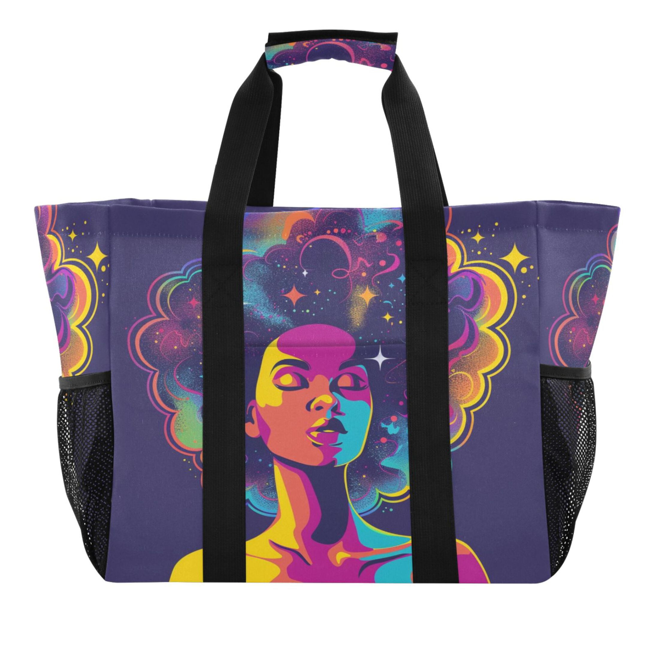Big Curly Hair Woman Reusable Grocery Bags with Handle Side Pocket ...