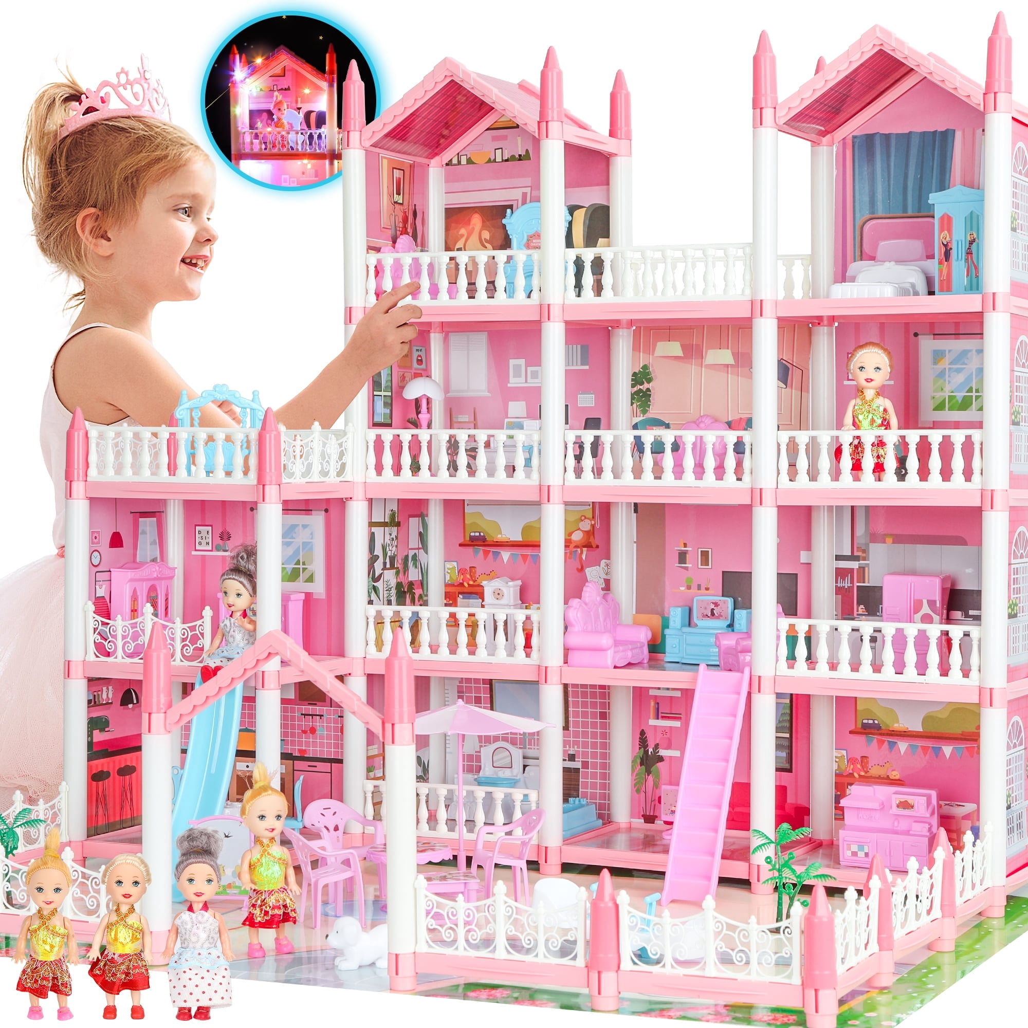 Big Doll House Girl Toys Dream Dollhouse 4-Story 15 Rooms Playhouse ...