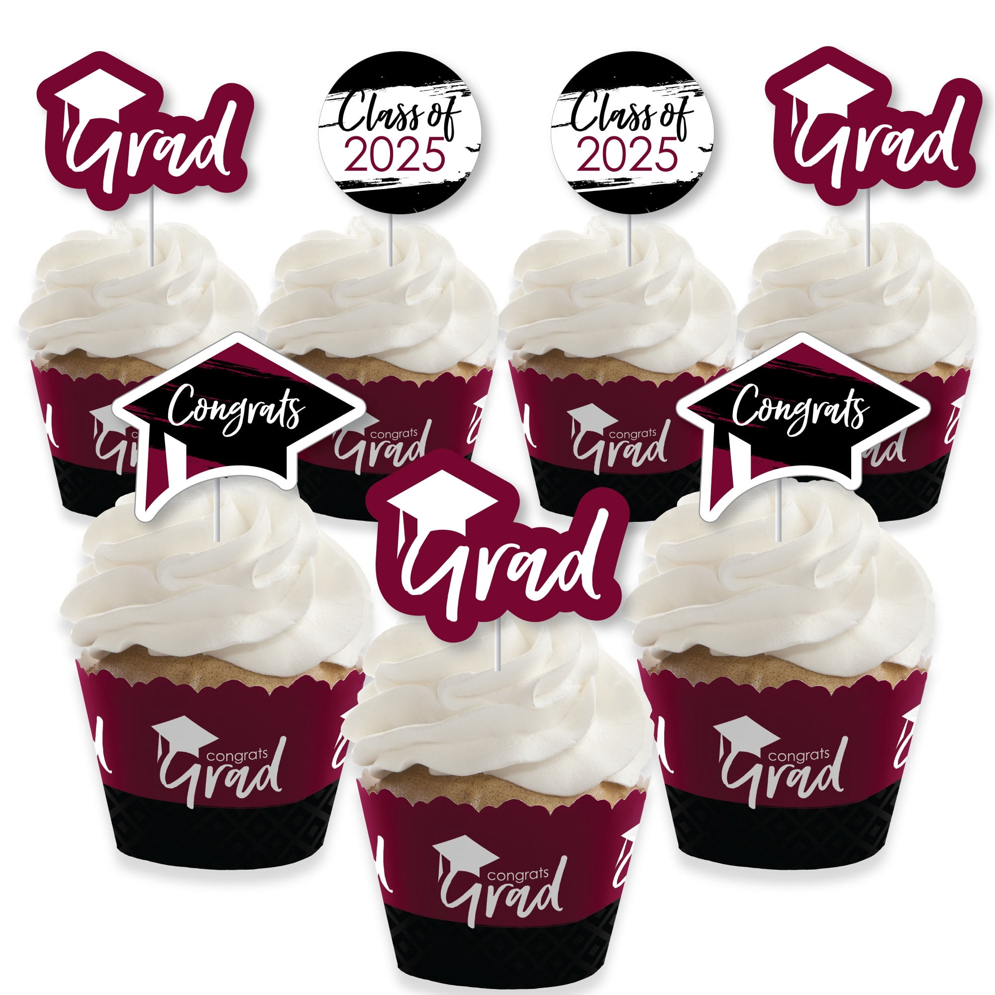 Big Dot of Happiness 2025 Maroon Graduation Cupcake Decoration - Party ...