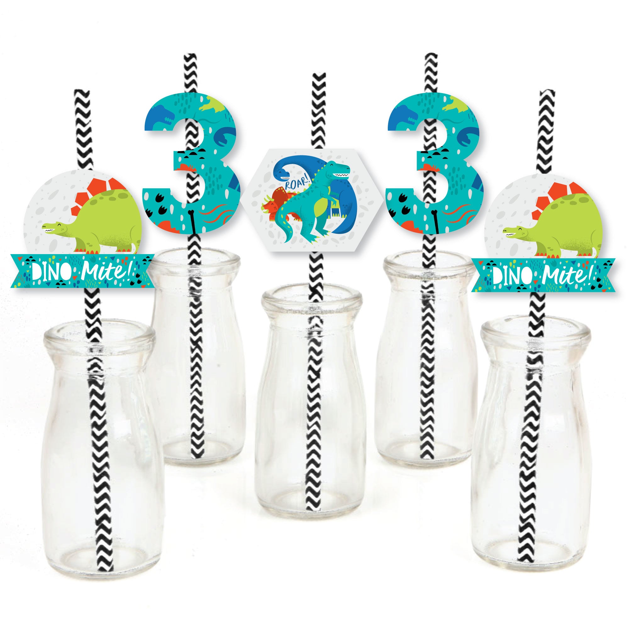Big Dot of Happiness 3rd Birthday Roar Dinosaur - Paper Straw Decor ...