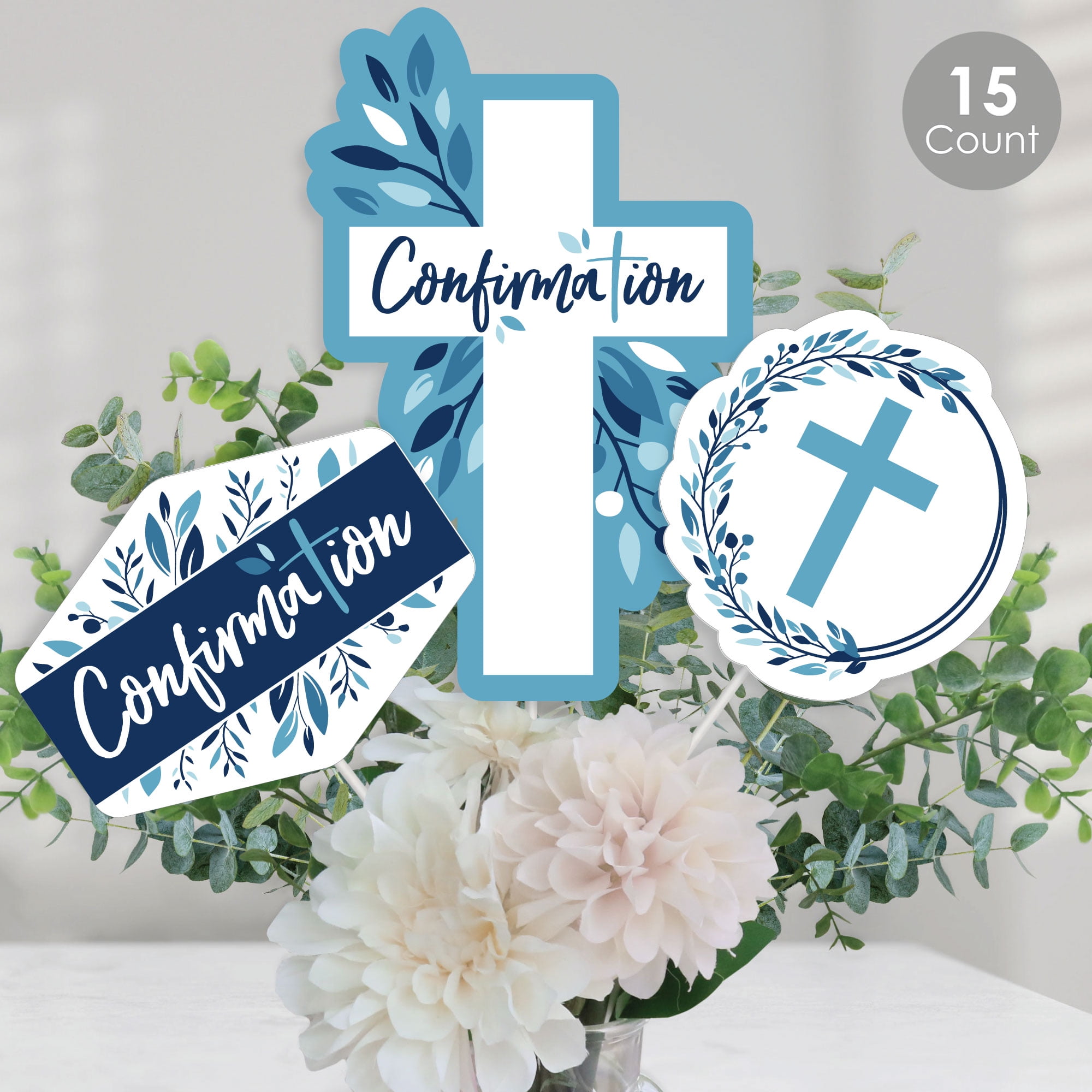 Big Dot of Happiness Confirmation Blue Elegant Cross - Boy Religious Party Centerpiece Sticks ...