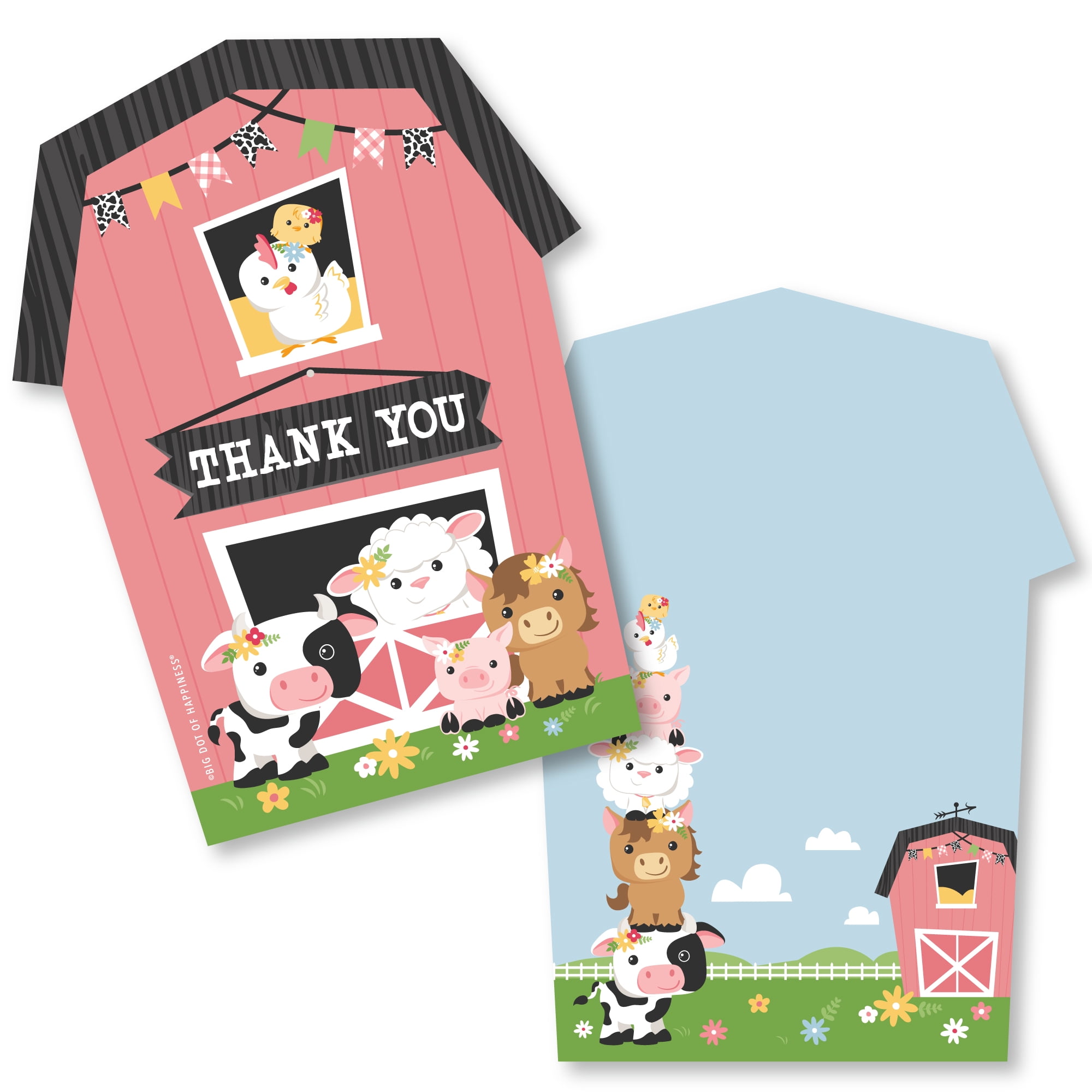 Big Dot of Happiness Girl Farm Animals - Shaped Thank You Cards Pink ...