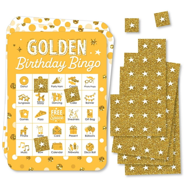 Big Dot of Happiness Golden Birthday - Picture Bingo Cards and Markers - Birthday Party Bingo ...
