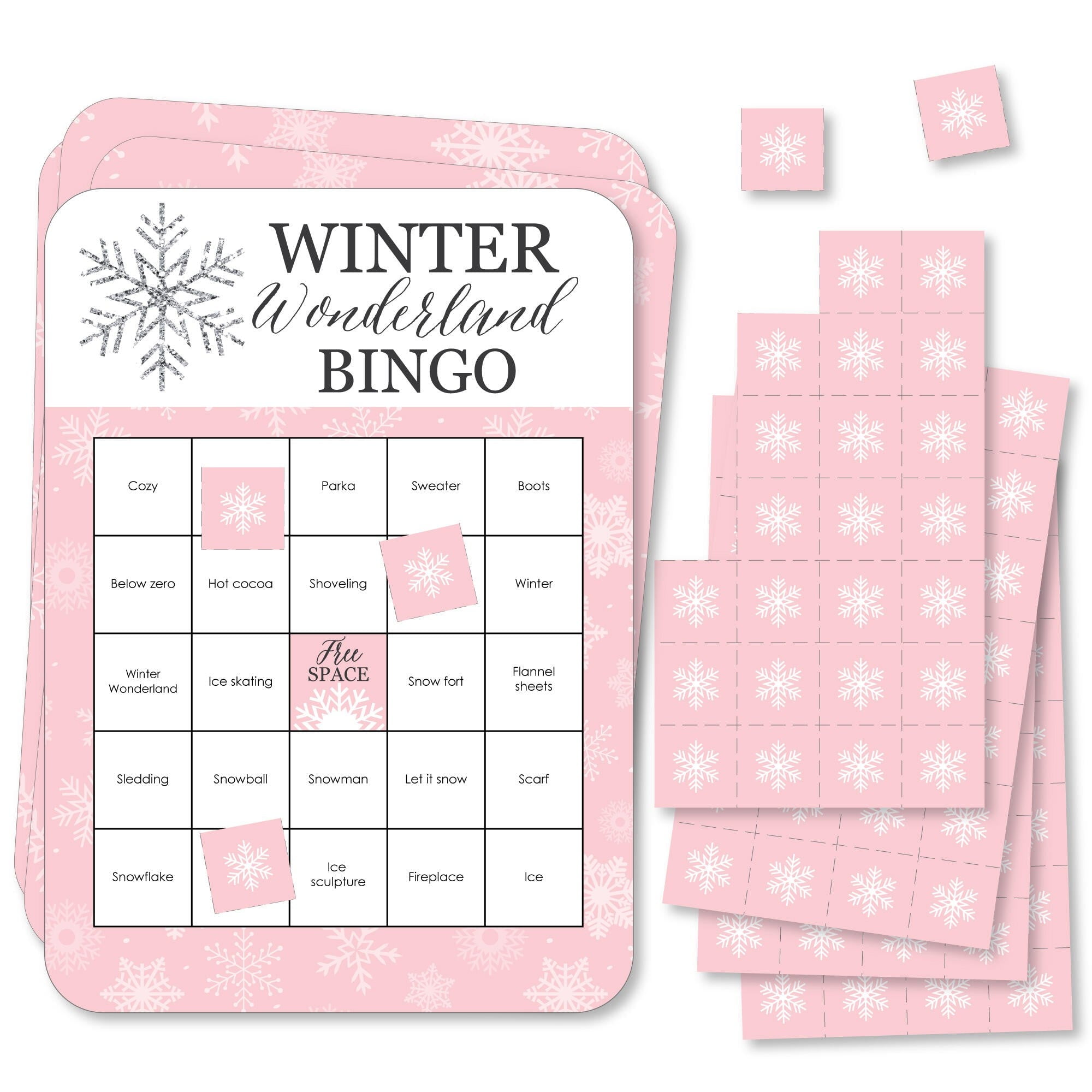 Big Dot of Happiness Pink Winter Wonderland - Bingo Cards and Markers ...
