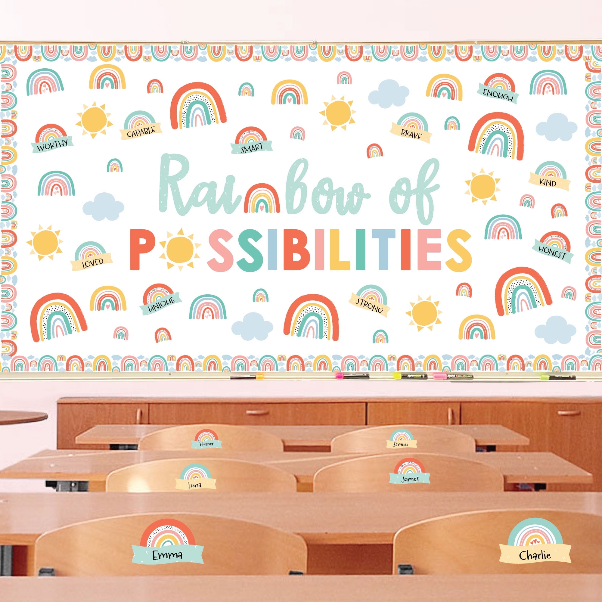 Big Dot of Happiness Pastel Boho Rainbow School Bulletin Board Set ...