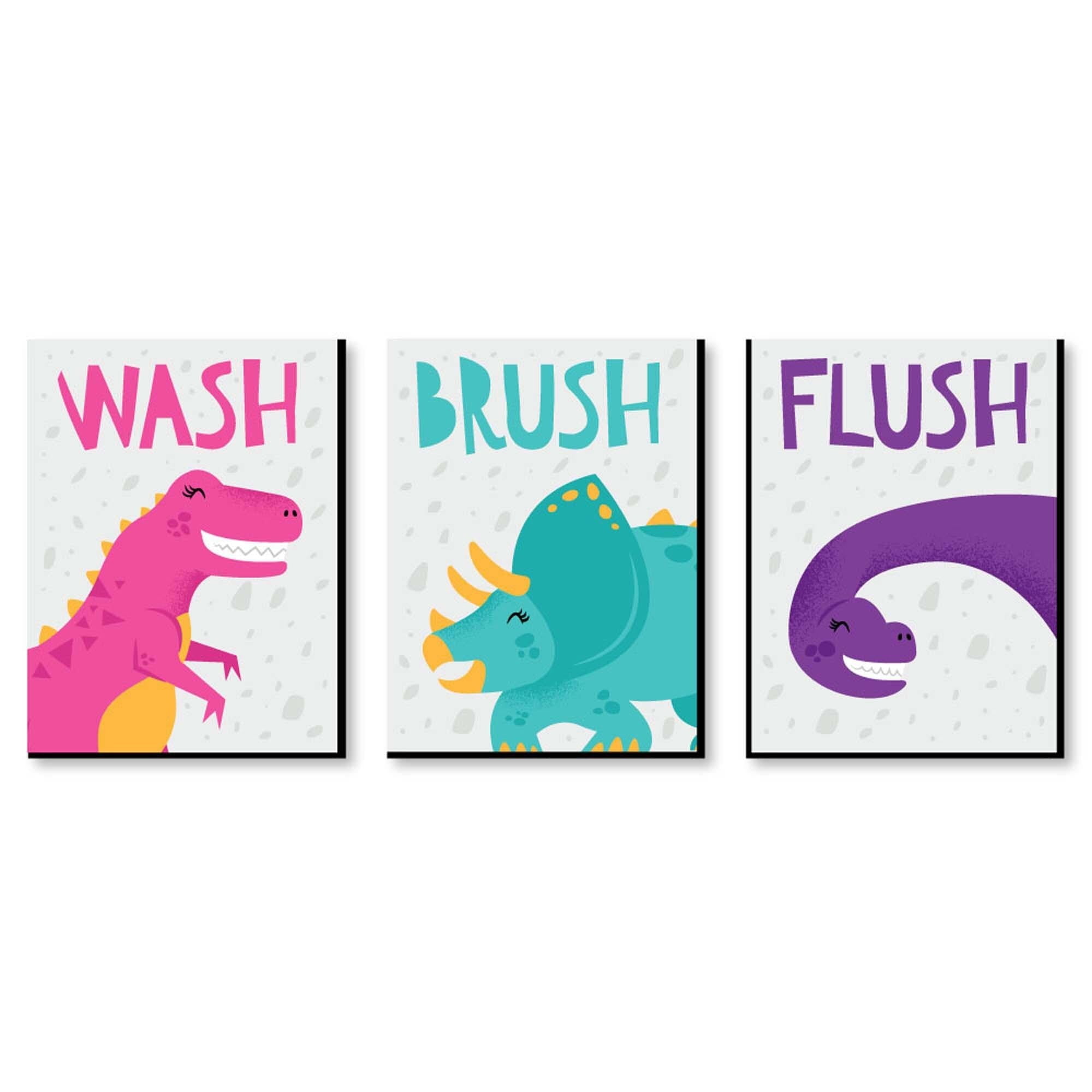 Big Dot of Happiness Roar Dinosaur Girl - Kids Bathroom Rules Wall Art ...