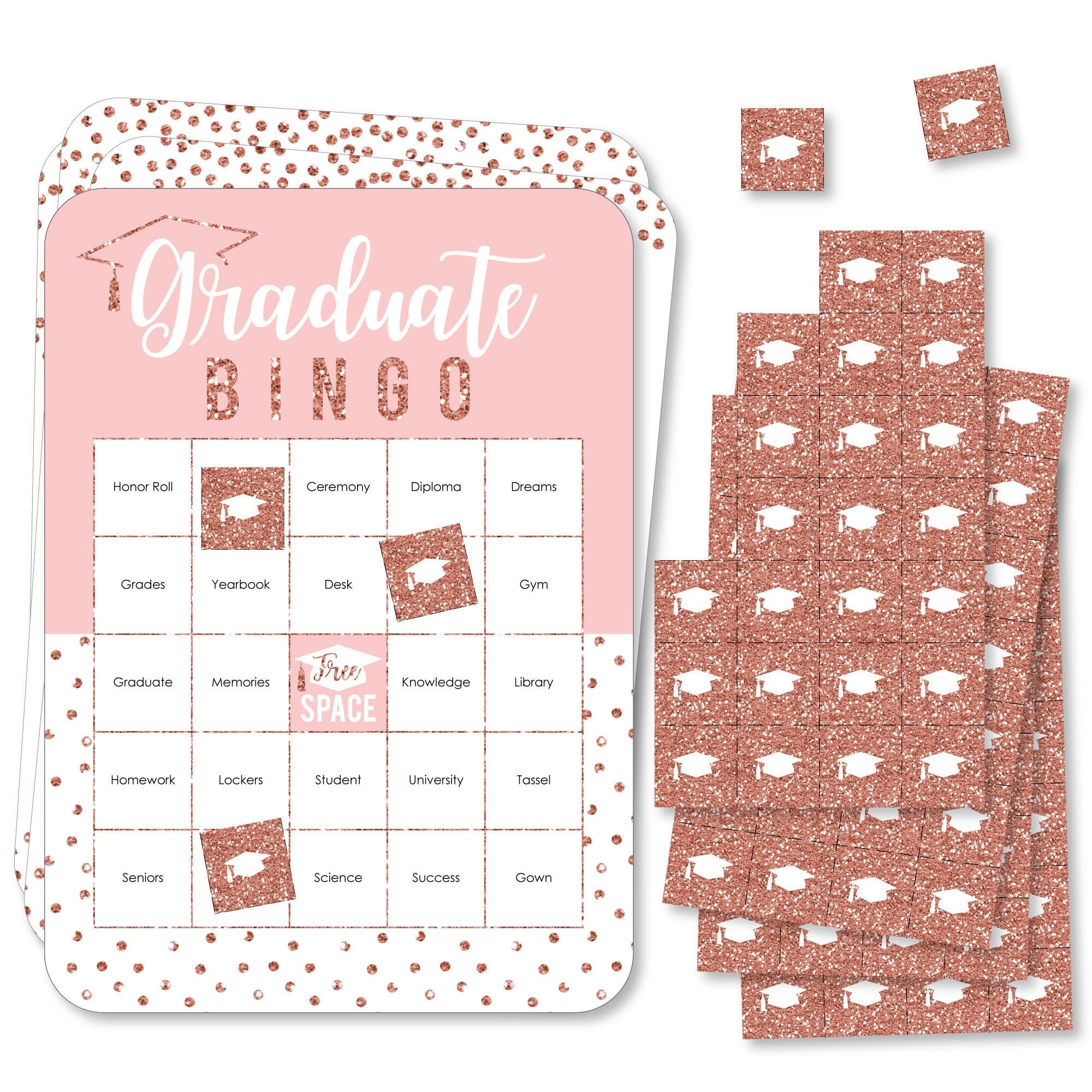 Big Dot of Happiness Rose Gold Grad - Bingo Cards and Markers ...