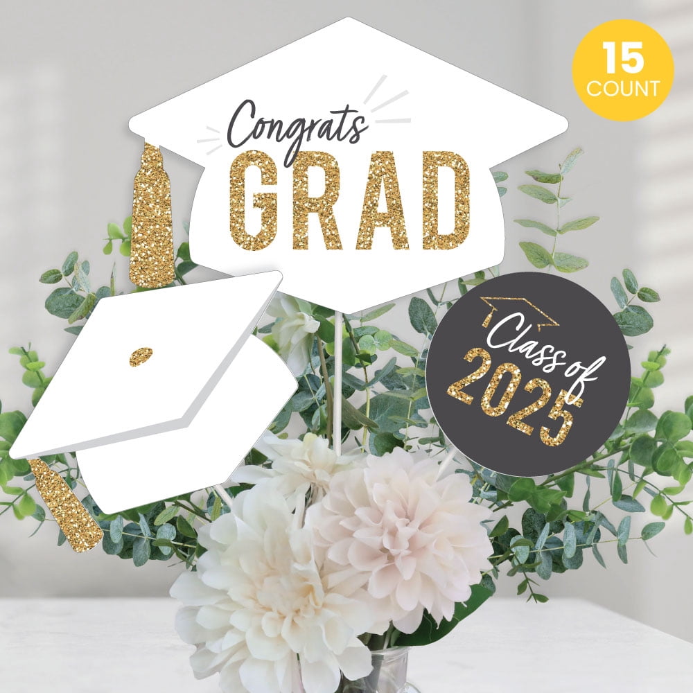 Big Dot of Happiness White and Gold 2025 Graduation Party Centerpiece ...