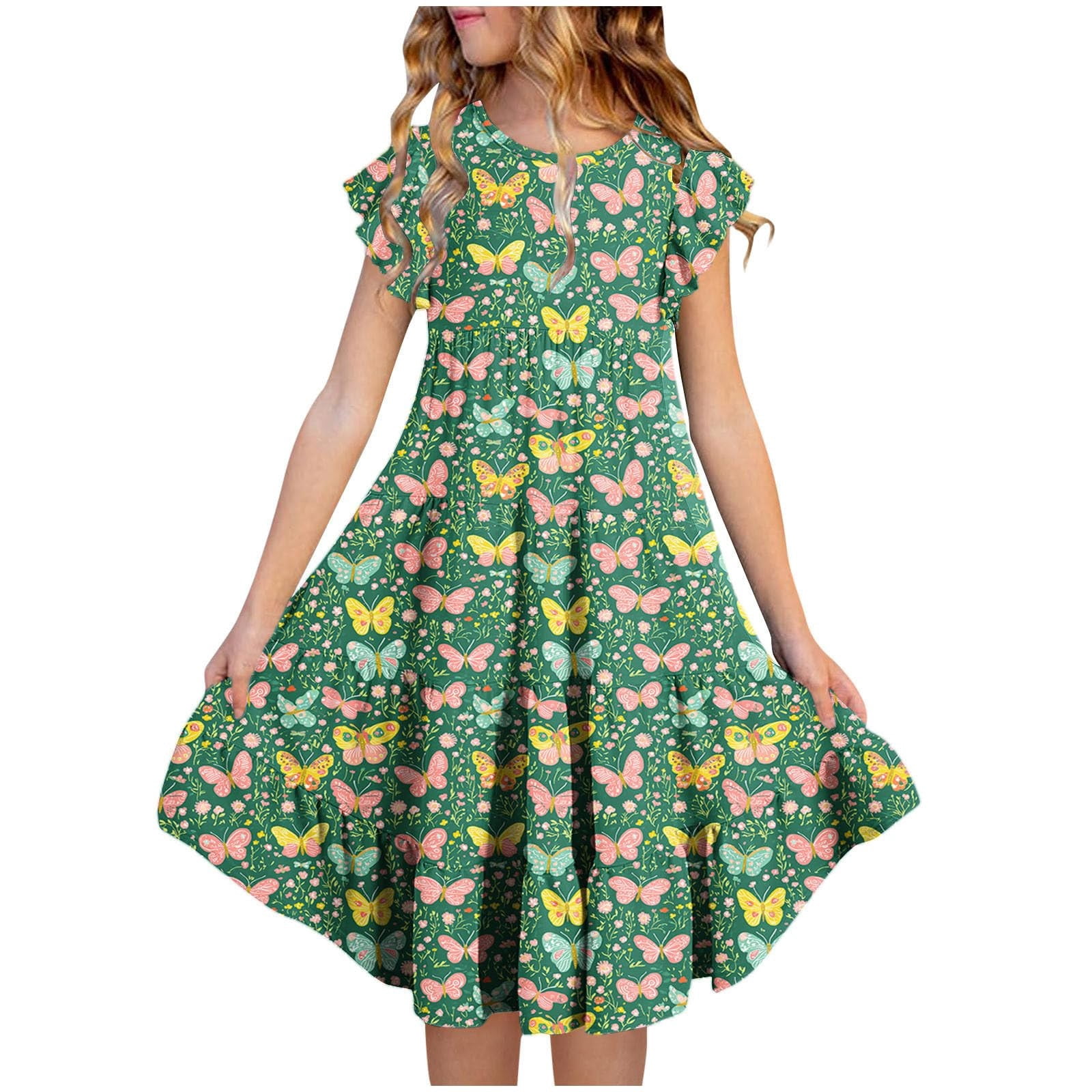 Big Dresses For Girls Flutter Sleeve Floral Print Tiered Ruffle Girls ...