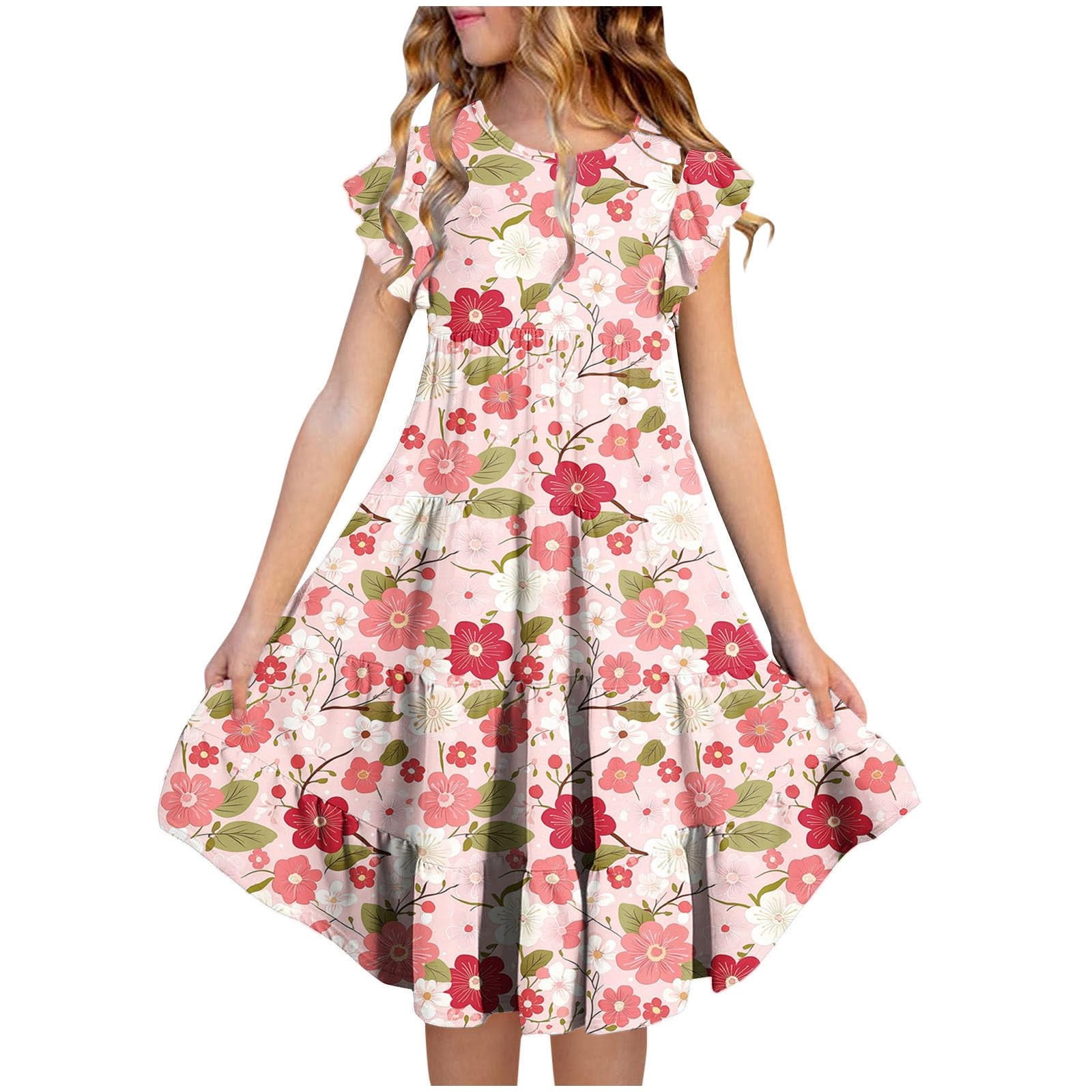Big Dresses For Girls Flutter Sleeve Floral Print Tiered Ruffle Girls ...