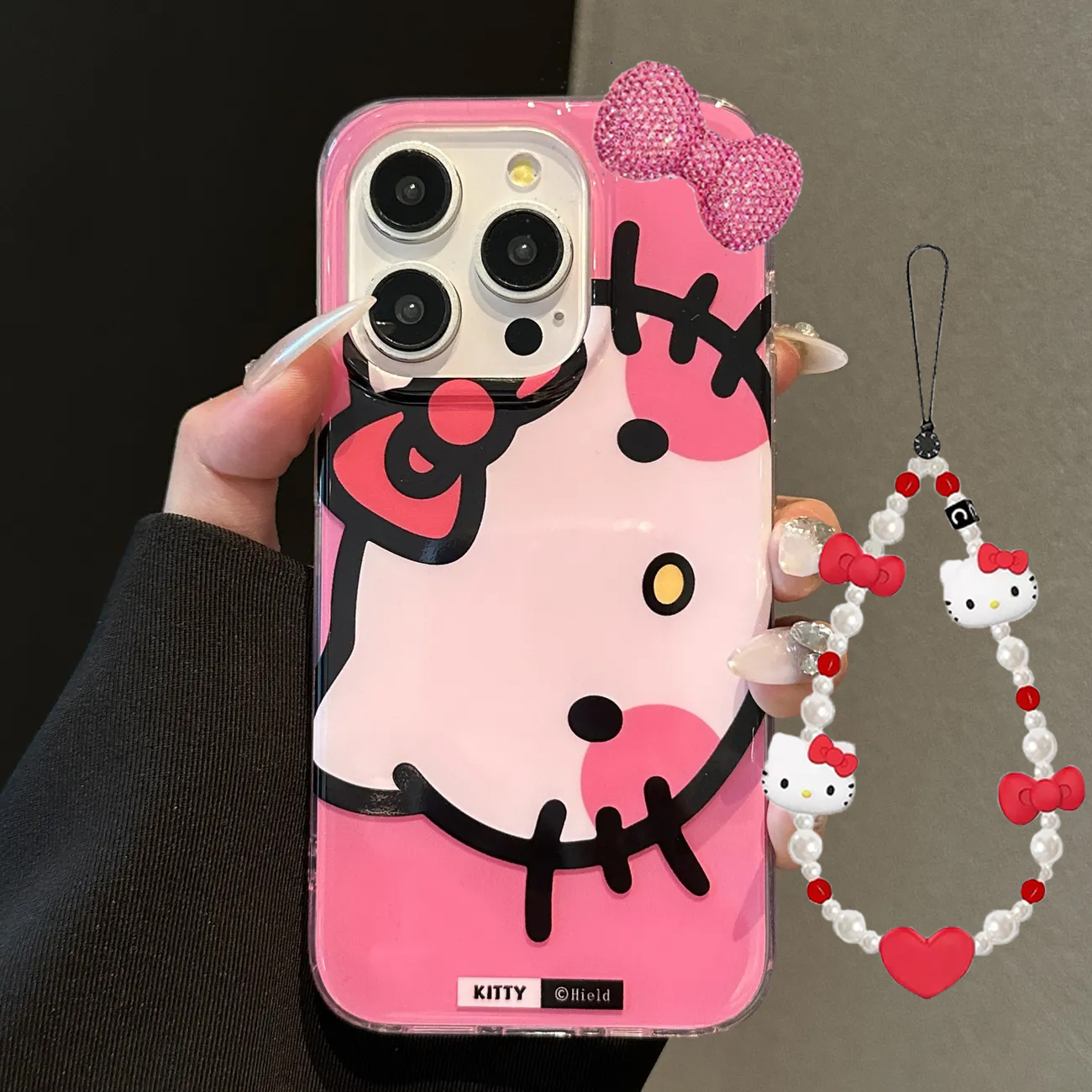 Big Face Pink Hello Kitty Bow Strap Phone Case For iPhone 16 15 14 13 ...