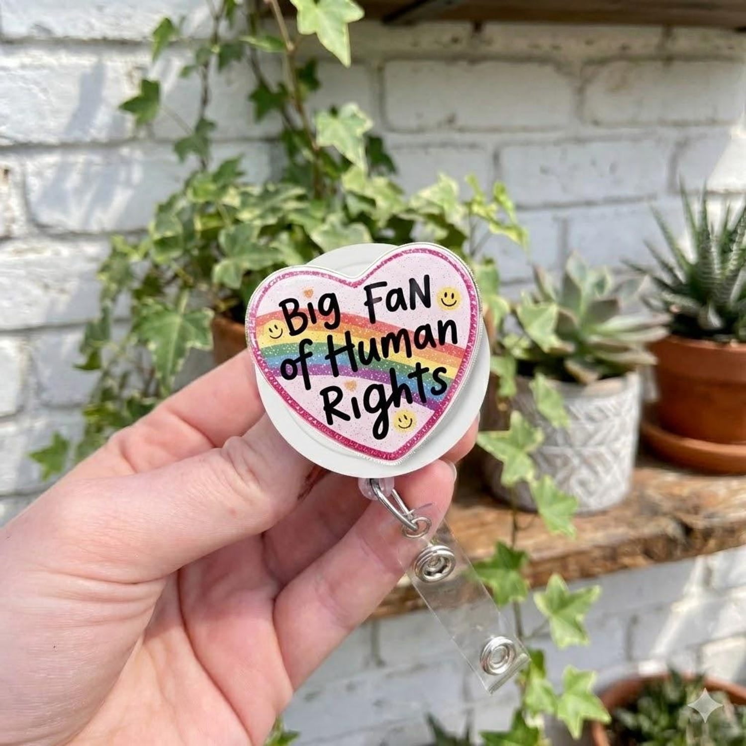 Big Fan of Human Rights Badge Reel, Rainbow Heart Badge Holder, Acrylic ...