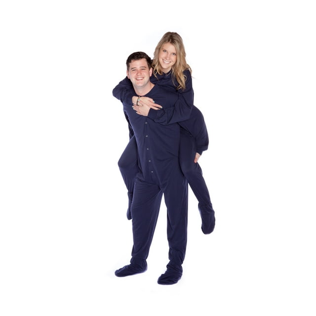 Big Feet Pjs Navy Blue Cotton Jersey Knit Adult Footed Pajamas Sleeper