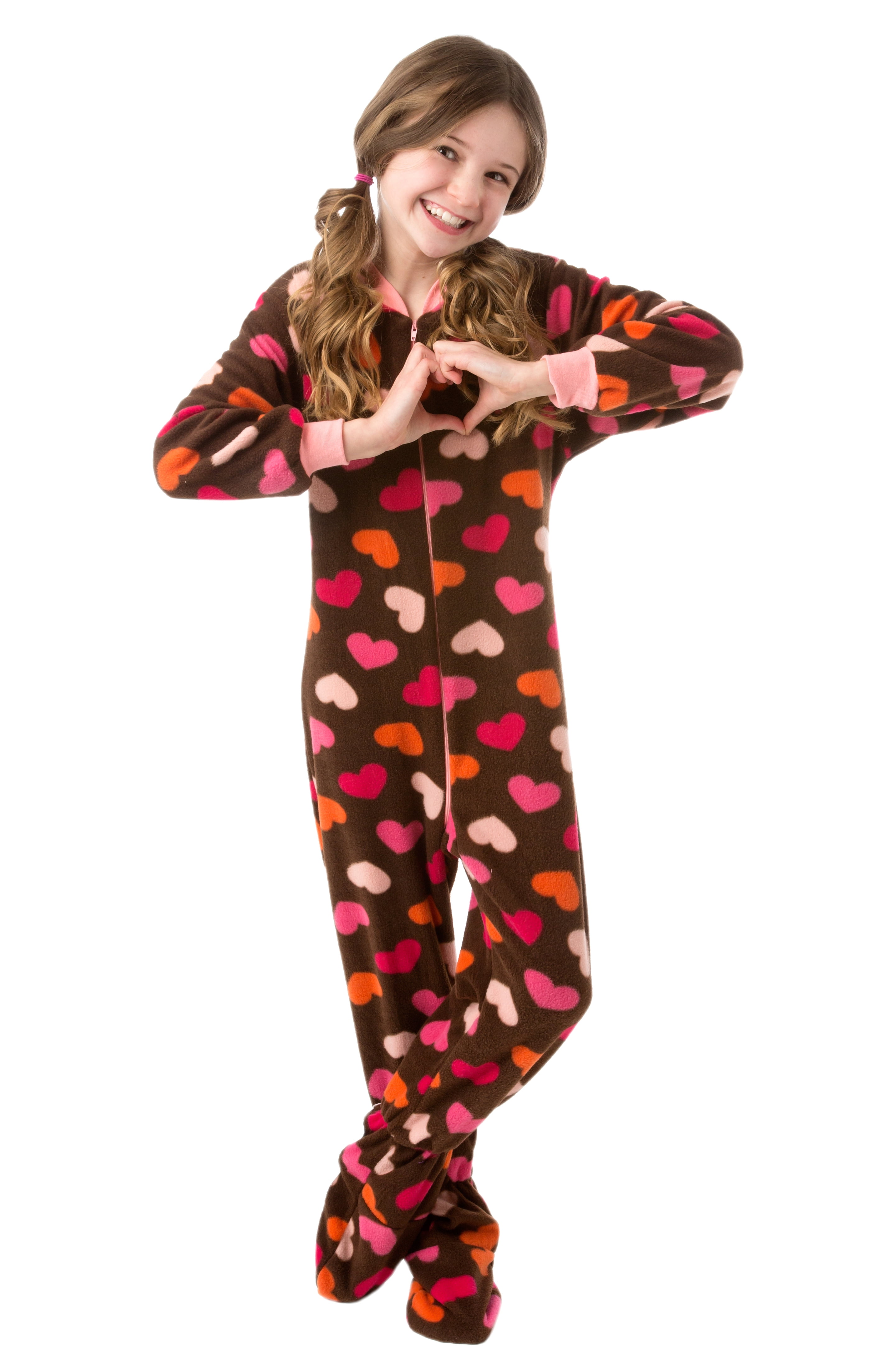Big Feet Pjs Kids Footed One Piece Sleeper Chocolate Brown with Hearts ...