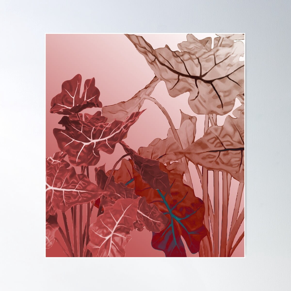 Big Flower Leaves Red Colored Poster Wall Art, Modern Wall Decor For ...