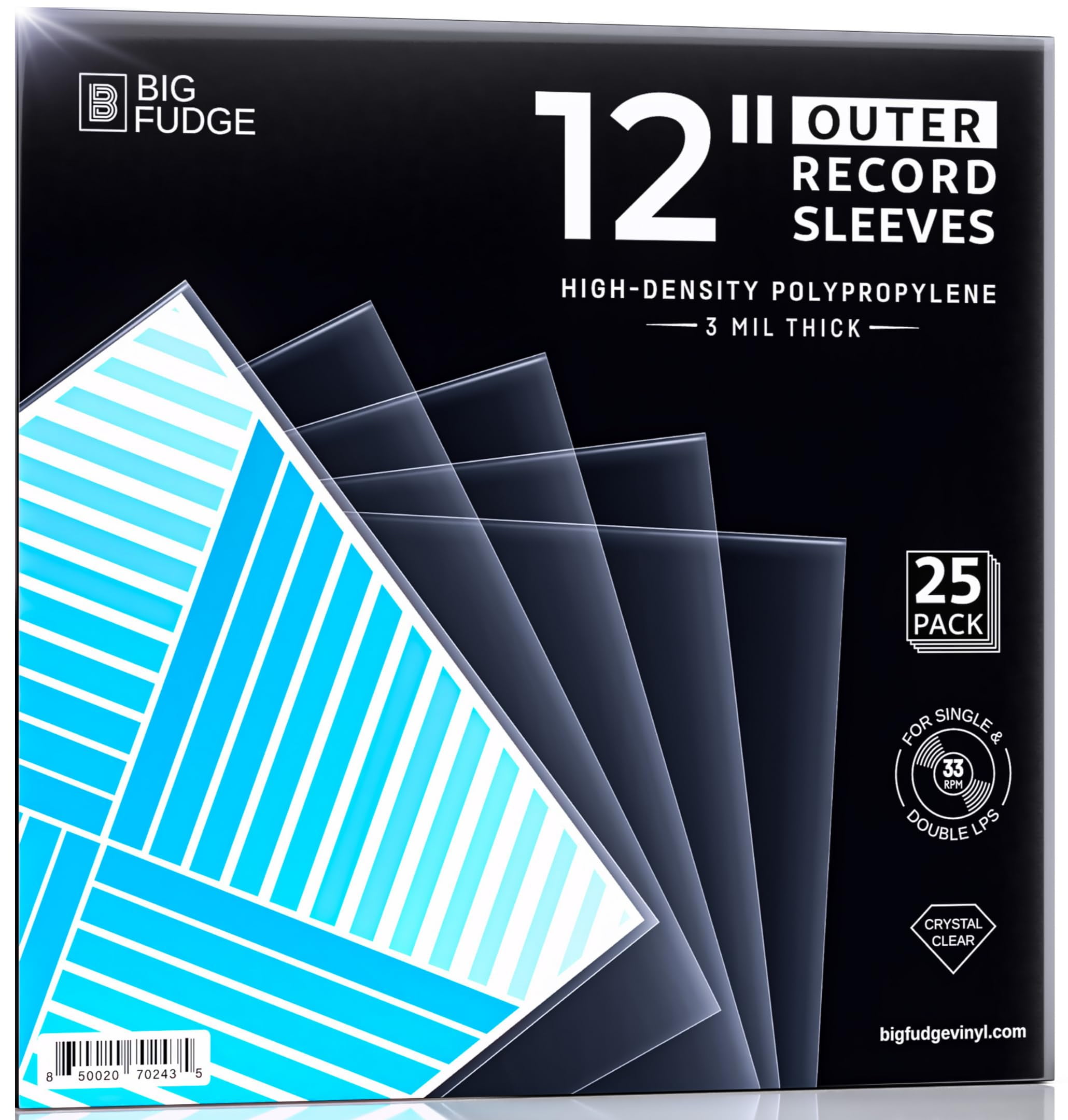 Big Fudge 25-Pack 12” Vinyl Record Protective Sleeves, 3-mm Clear Album ...