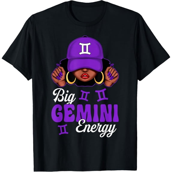 Big Gemini Energy Black Woman Purple Cap Zodiac Sign T-Shirt- Classic ...