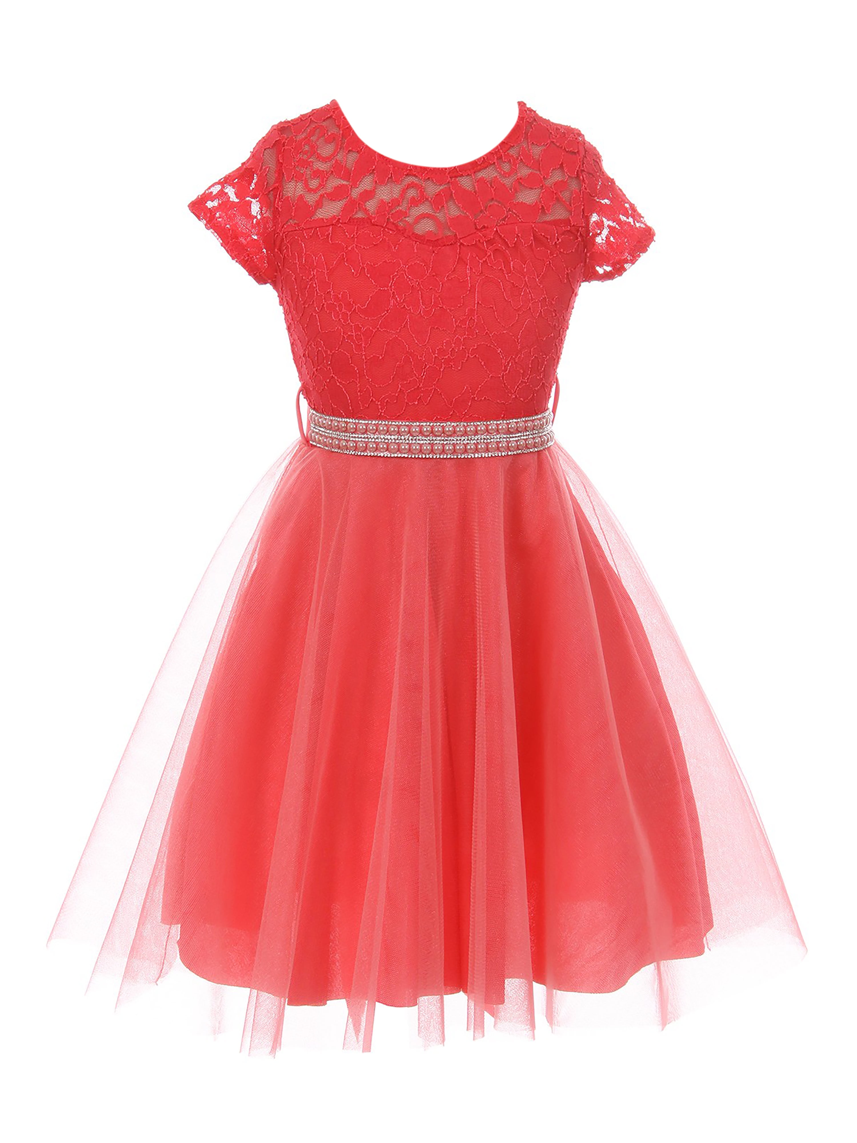 Big Girl Cap Sleeve Lace Tulle Pearl Belt Pageant Party Flower Girl ...