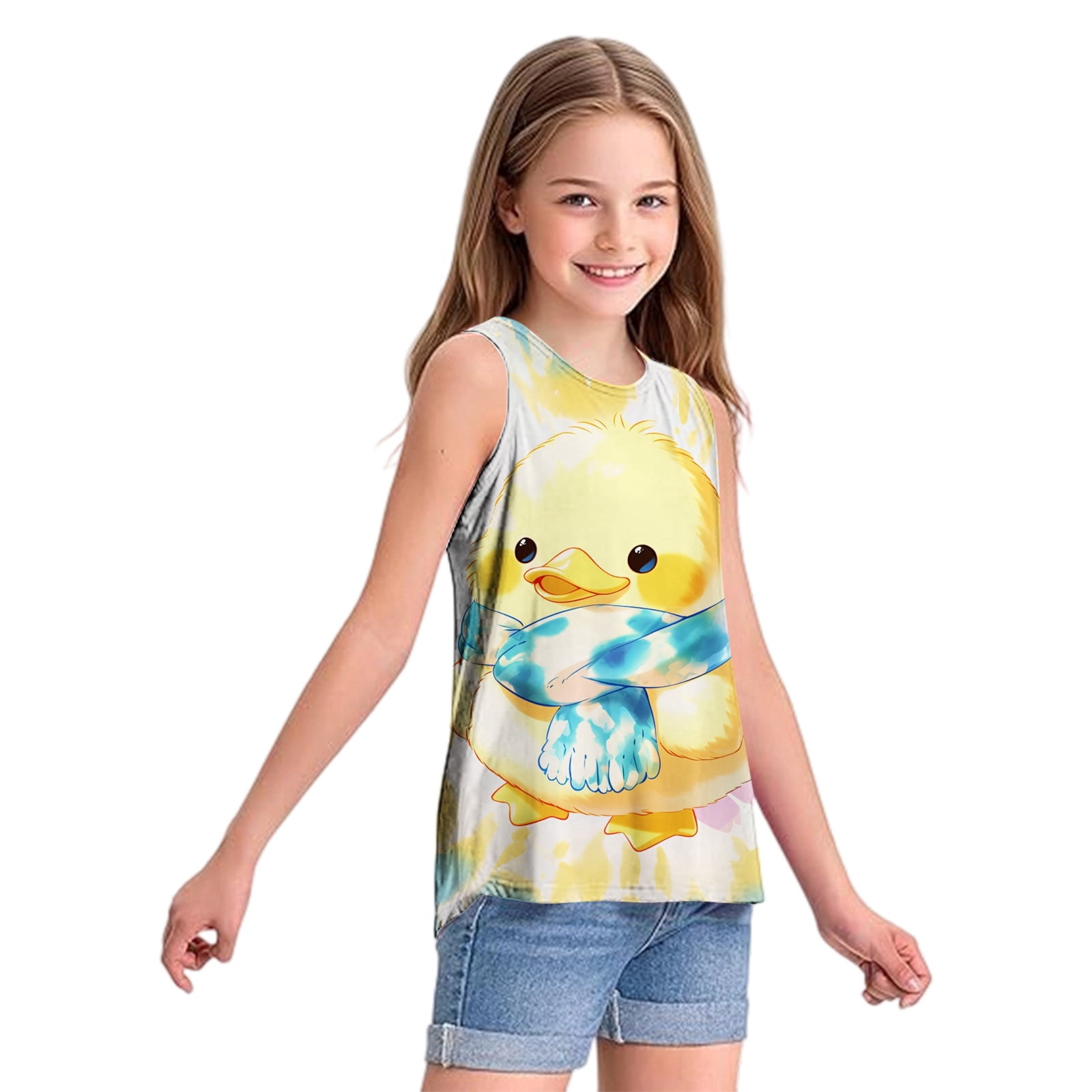 Big Girl'S T Shirt Round Neck Sleeveless Gradient Print Trendy Summer ...