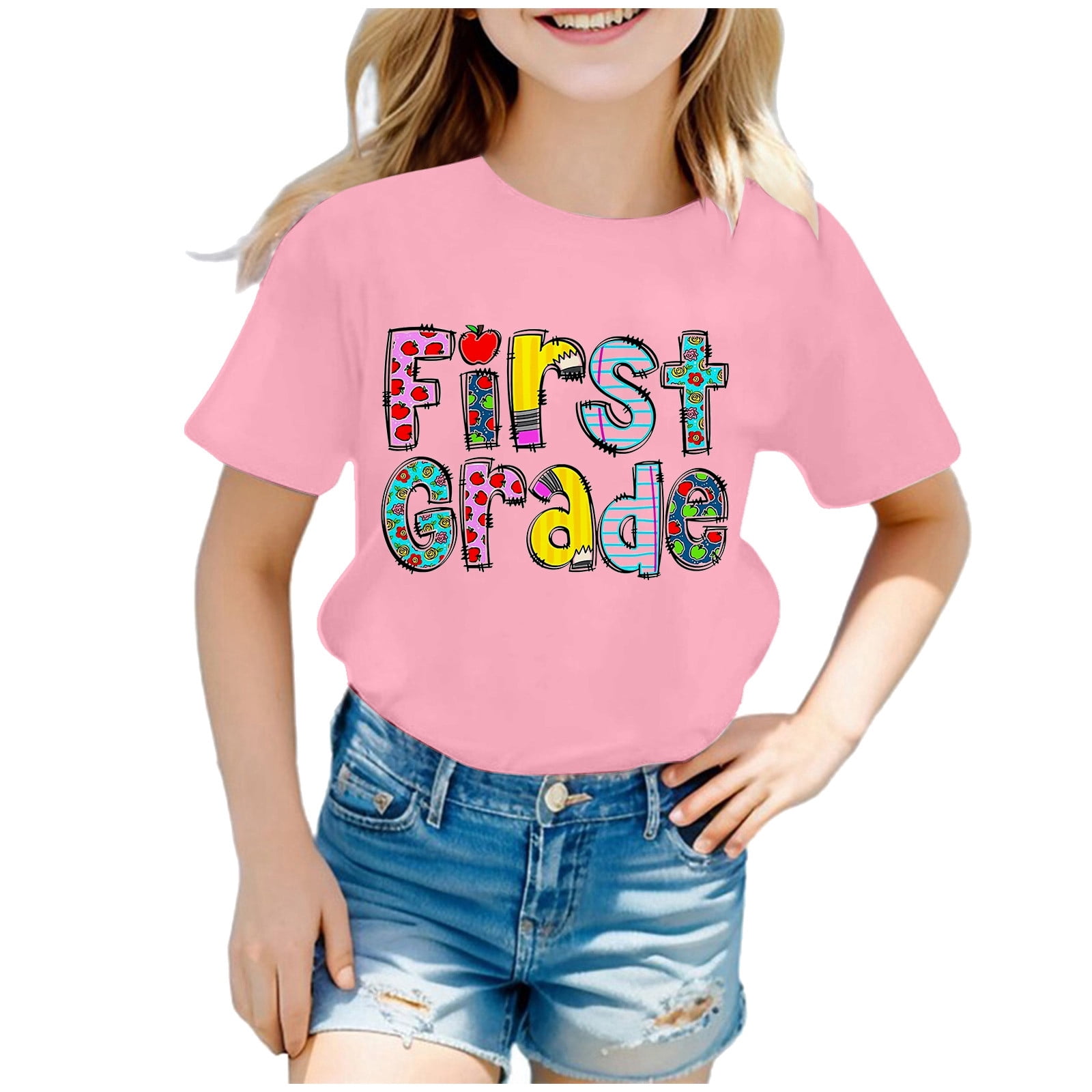 Big Girl T Shirt Crew Neck Short Sleeved Letter Patterned Ting Short ...