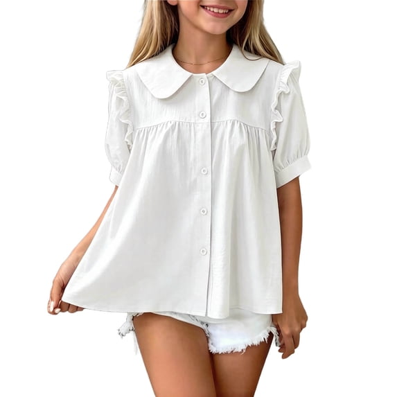 Big Girl’s Button down Shirt - Puff Sleeves Blouses with Ruffle Decor ...